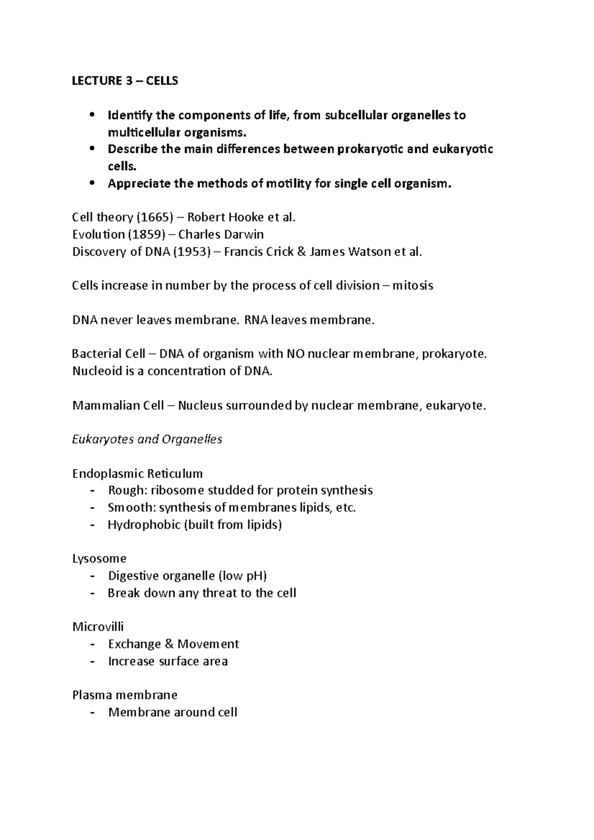 Lecture 3 – Cells - LECTURE 3 – CELLS Identify the components of life ...