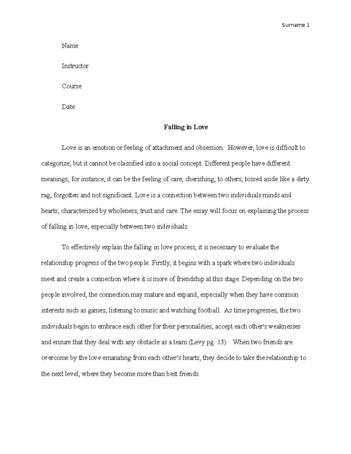 Falling in love - descriptive essay - Surname 1 Name Instructor Course ...