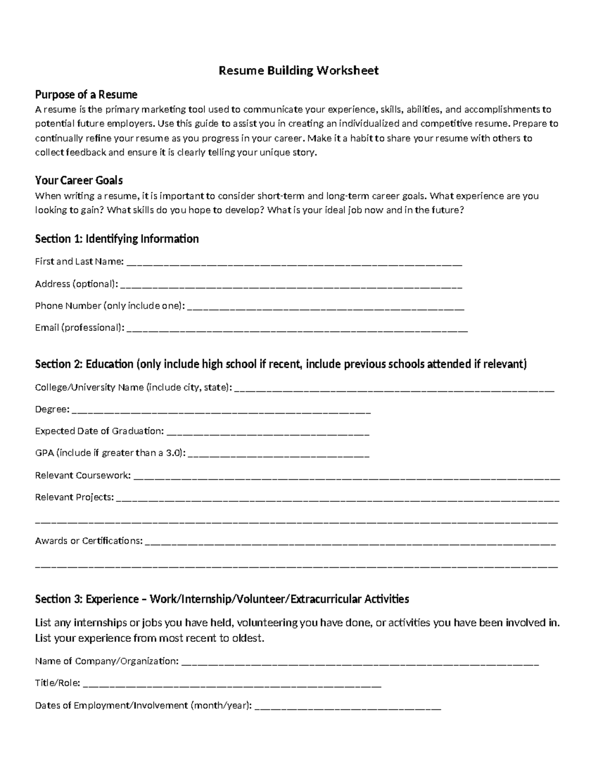 BUS 103 Resume Building Worksheet - Resume Building Worksheet Purpose ...