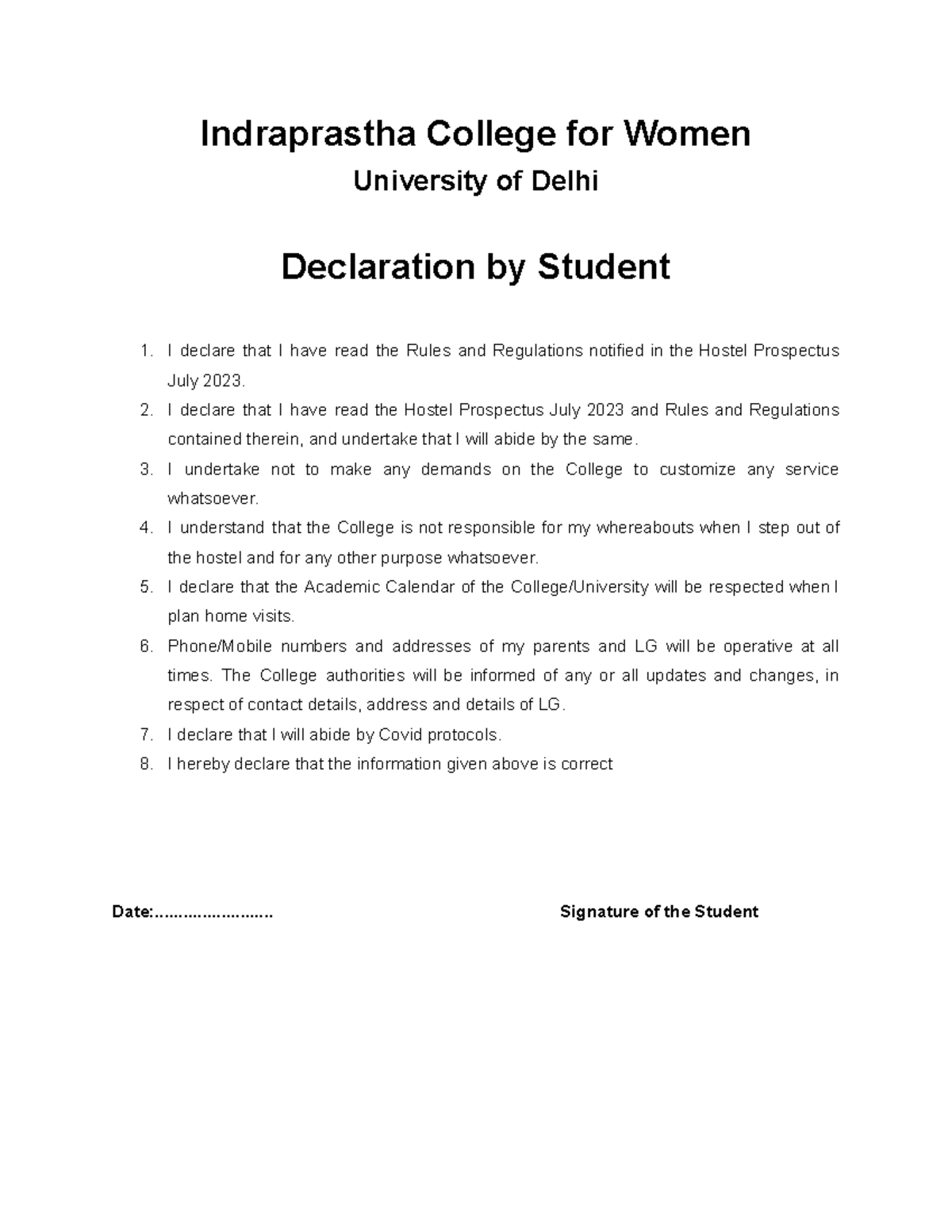 Declaration by student - Indraprastha College for Women University of ...