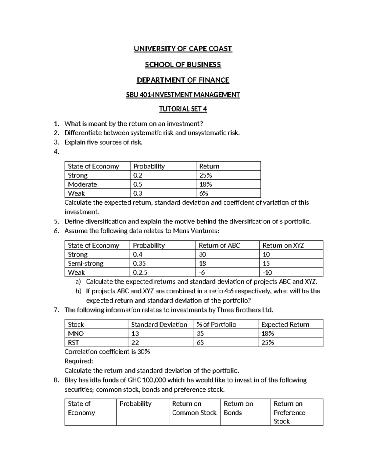 Tutorial SET 4 - UNIVERSITY OF CAPE COAST SCHOOL OF BUSINESS DEPARTMENT ...