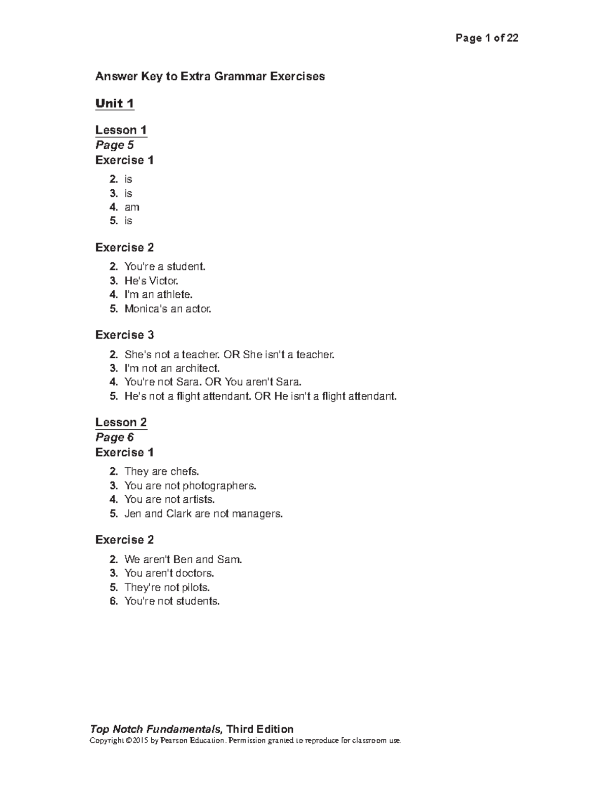 Extra Grammar Exercises Answer Key - Top Notch Fundamentals, Third ...