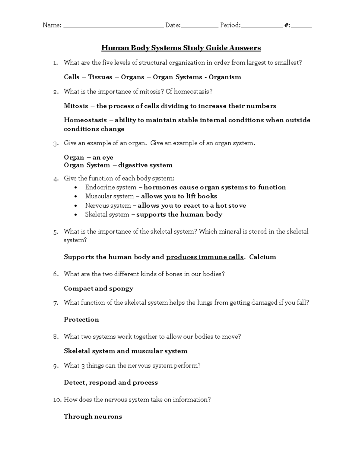 Human Body Systems Study Guide - Answers - What are the five levels of ...