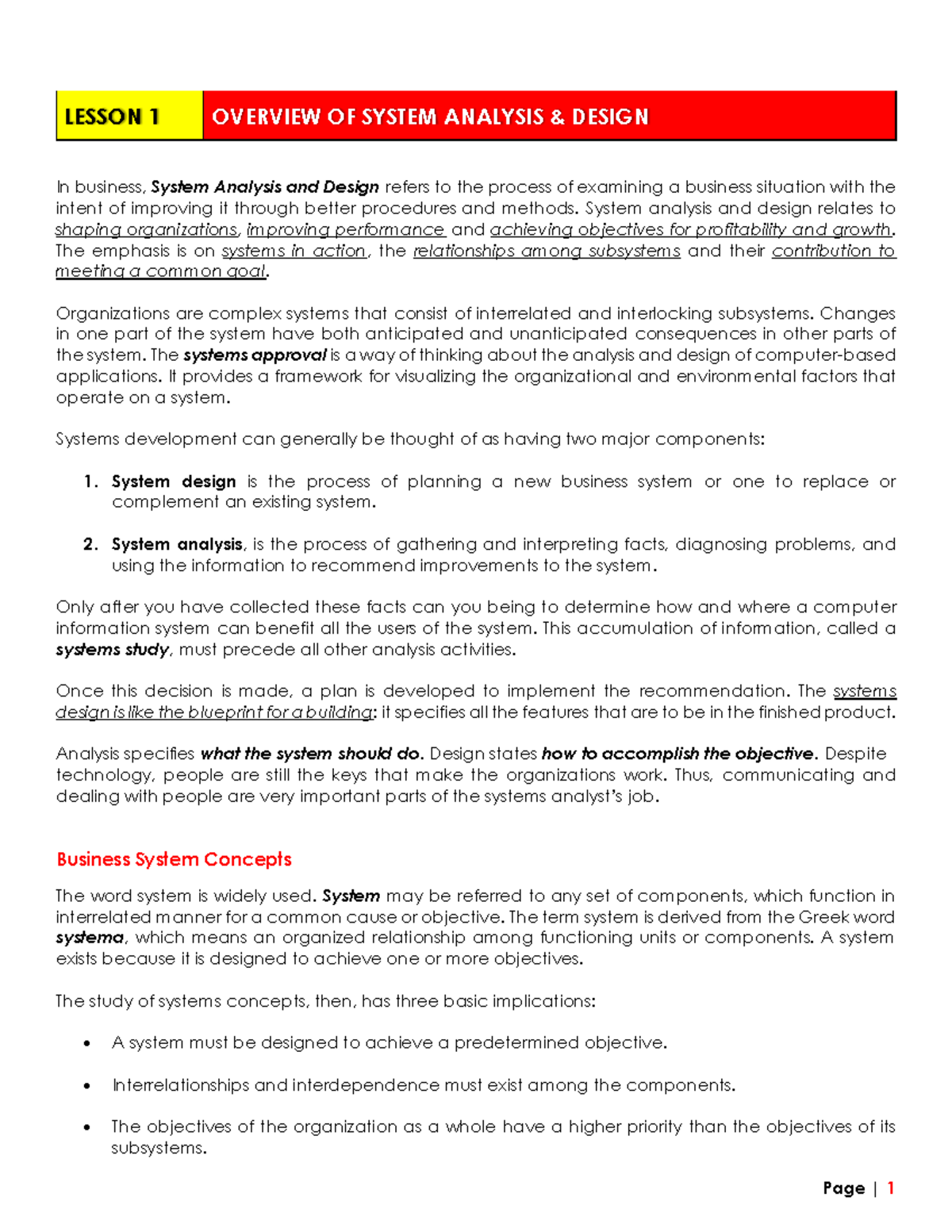 Lesson 1 - Overview of System Analysis & Design - LESSON 1 OVERVIEW OF ...