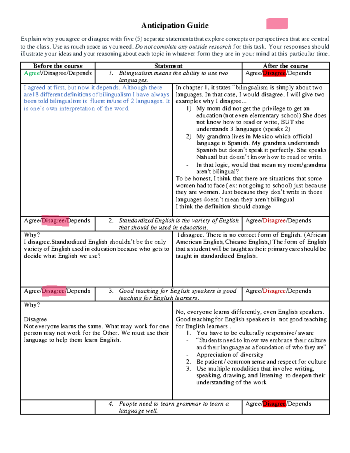 Anticipation Guide - This assignment is a series of statement where we ...