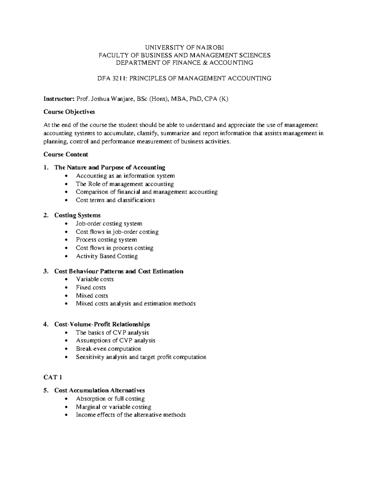 UON DFA 3211 Course Outline - UNIVERSITY OF NAIROBI FACULTY OF BUSINESS ...