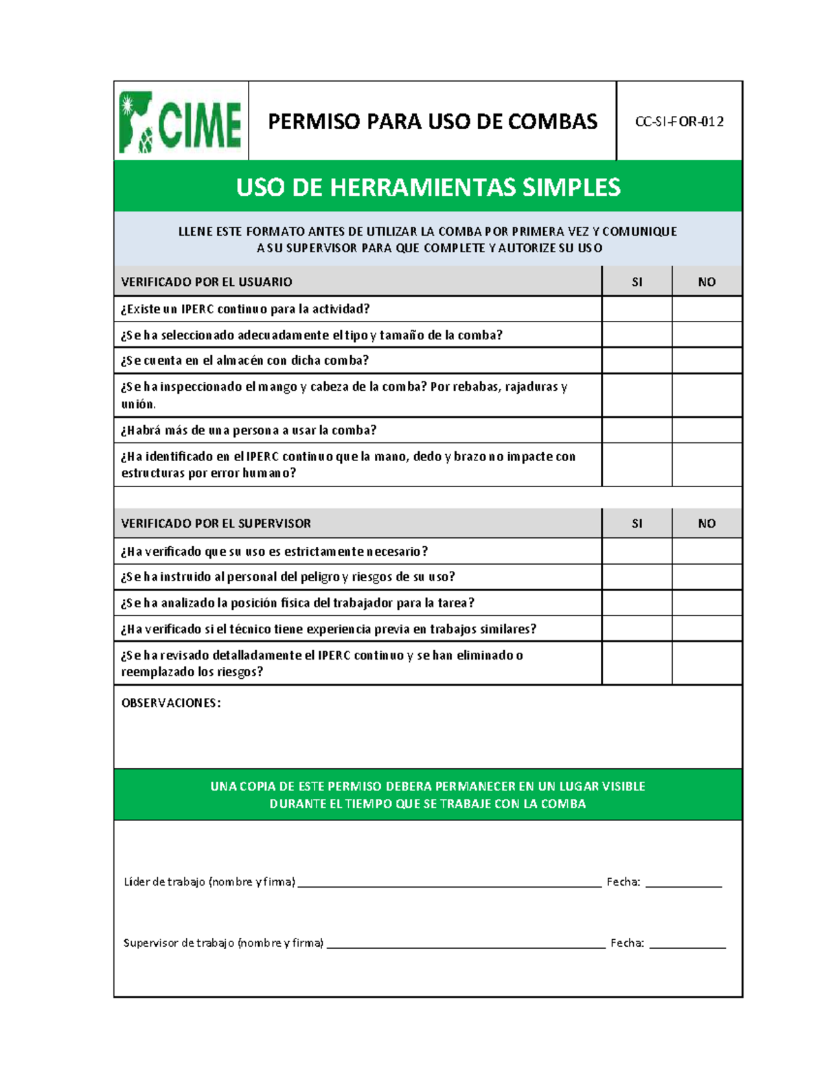 Comba - PERMISO PARA USO DE COMBAS CC-SI-FOR- USO DE HERRAMIENTAS ...
