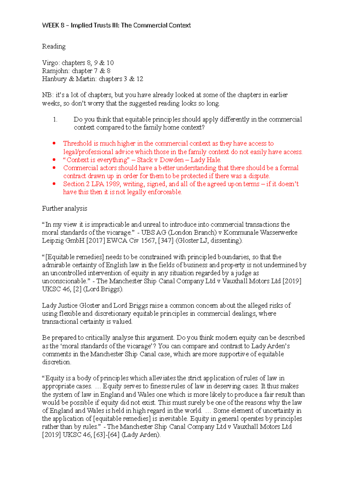 WEEK 8 E&T - Week 8 tutorial work - WEEK 8 – Implied Trusts III: The Commercial Context Reading ...