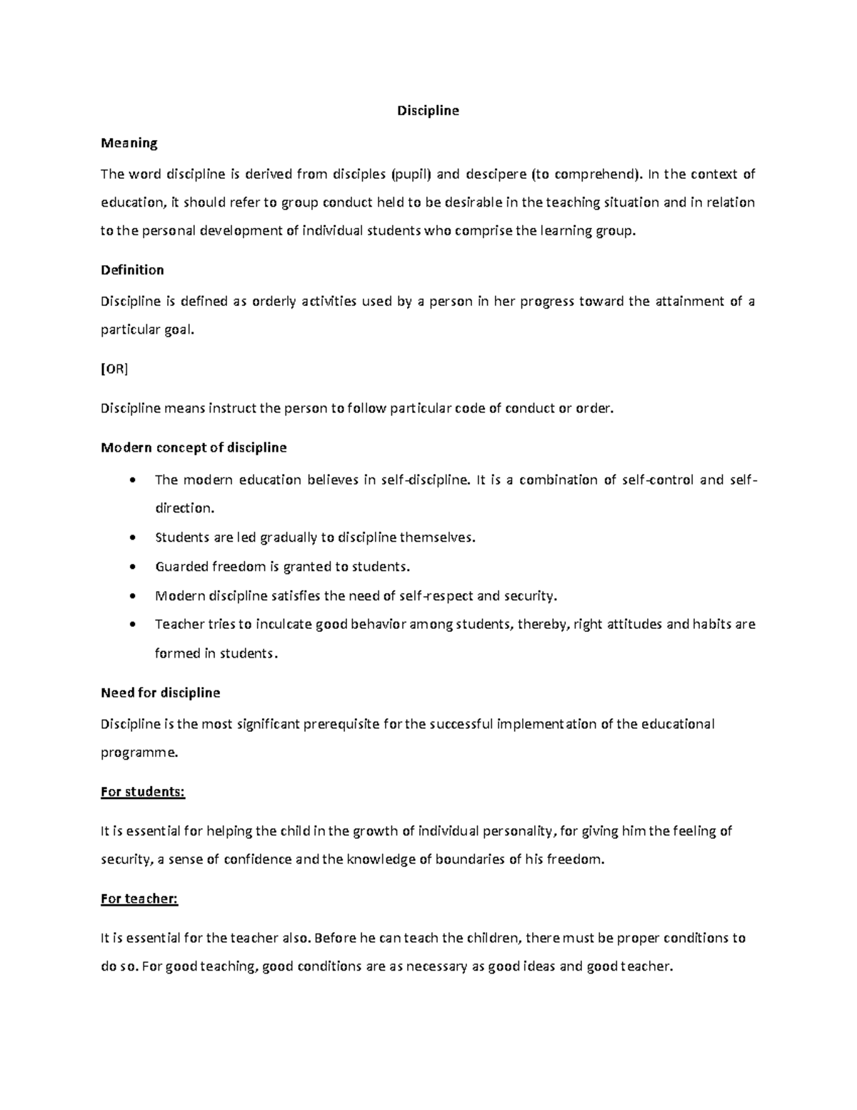 Discipline 1 - Lecture notes - Discipline Meaning The word discipline ...