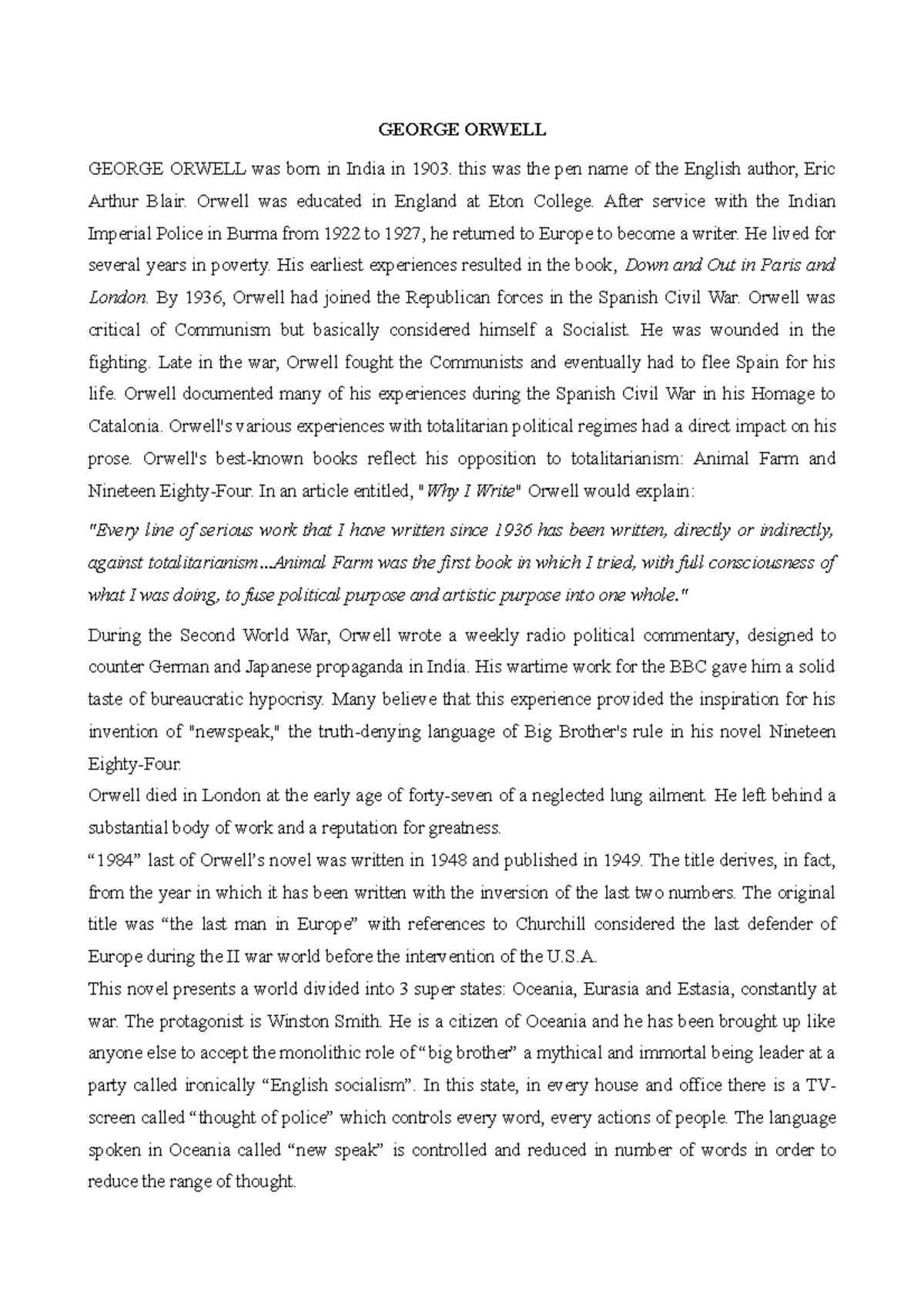 George Orwell - GEORGE ORWELL GEORGE ORWELL was born in India in 1903 ...