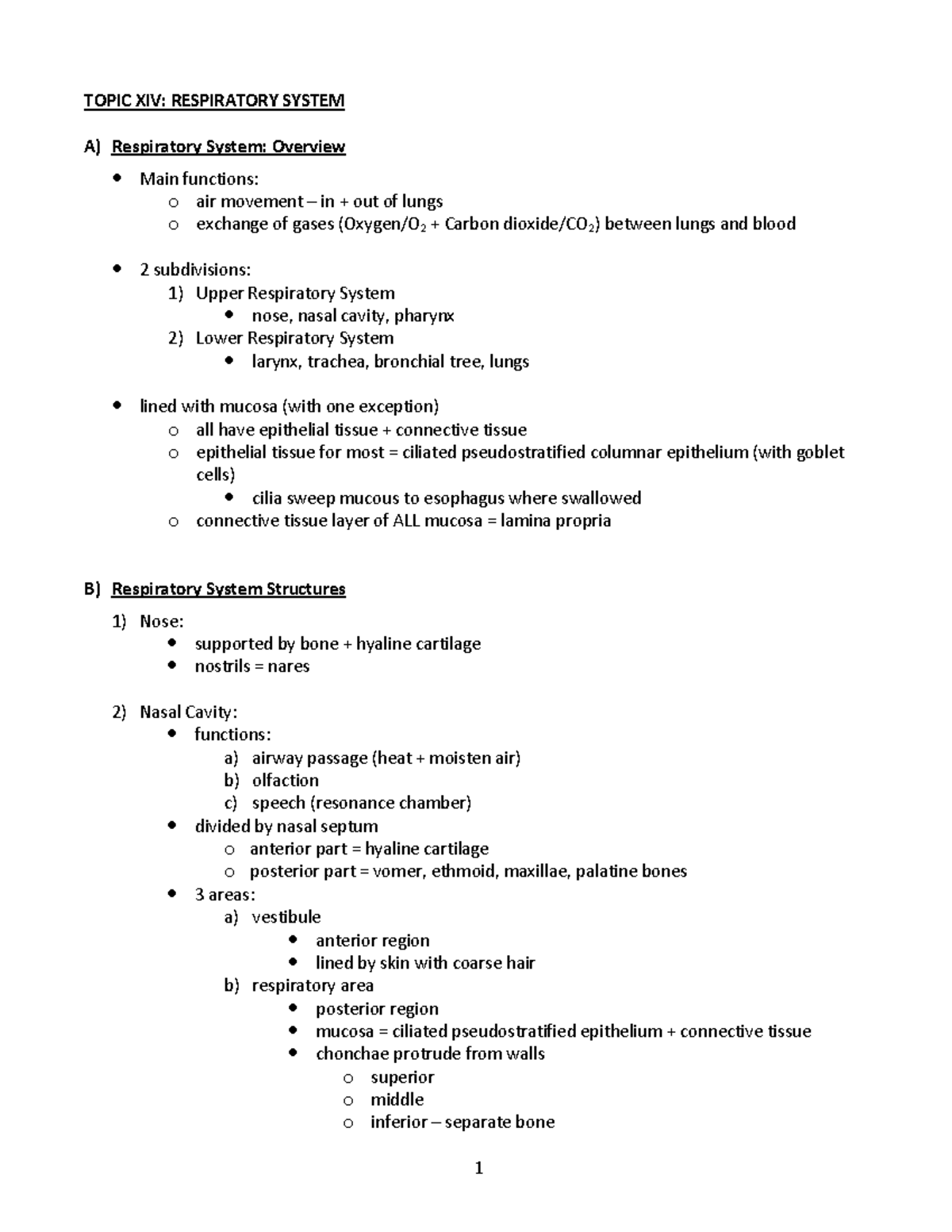14 - Topic XIV - Respiratory System biol 1410 - TOPIC XIV: RESPIRATORY ...
