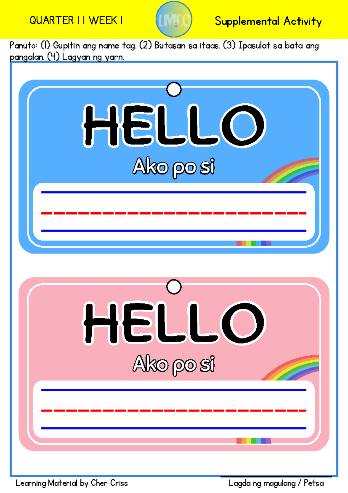 Quarter 1 WEEK 1 FREE Supplemental Activity Sheets - Edukasyon sa ...