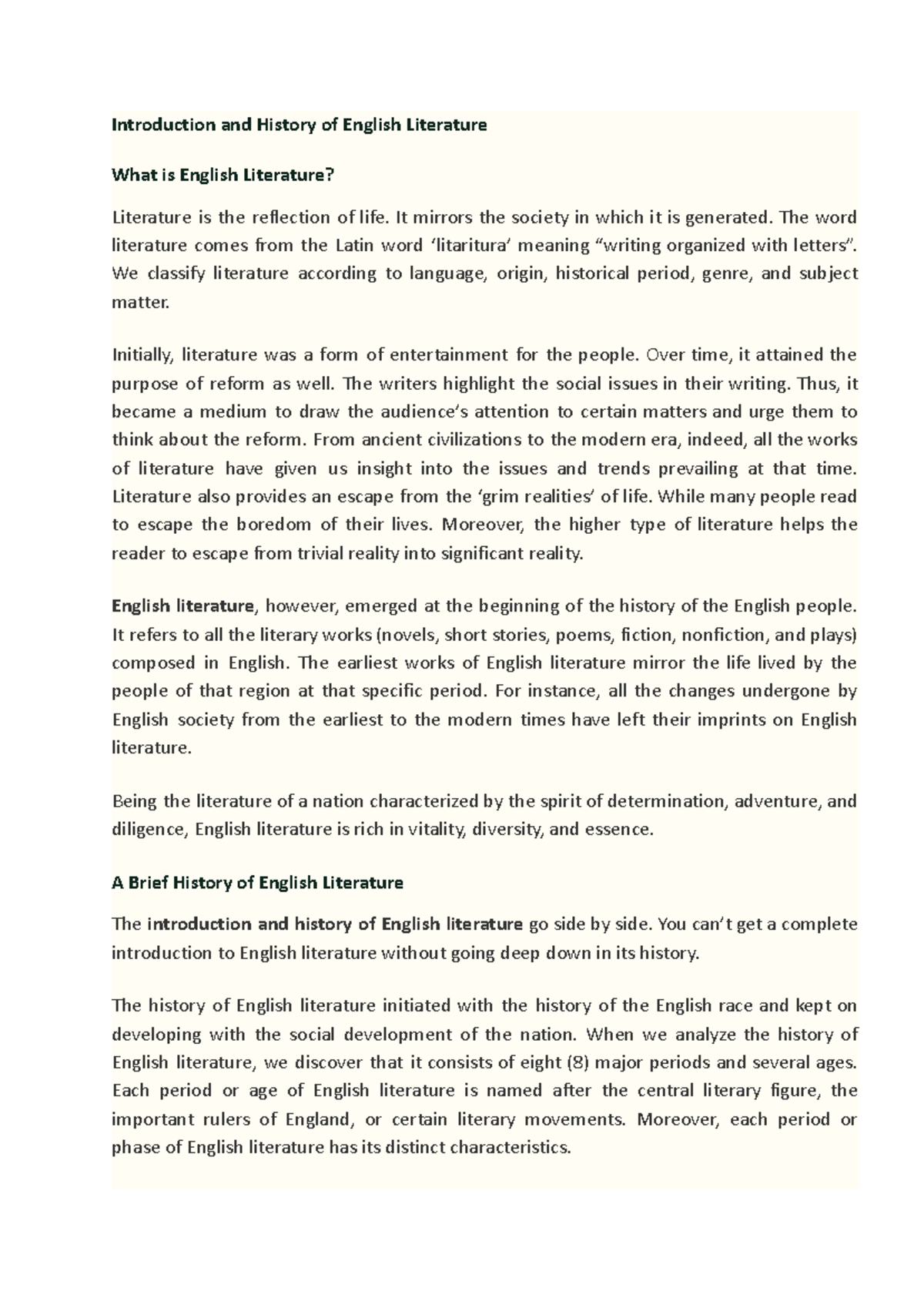 Introduction and History of English Literature - It mirrors the society ...