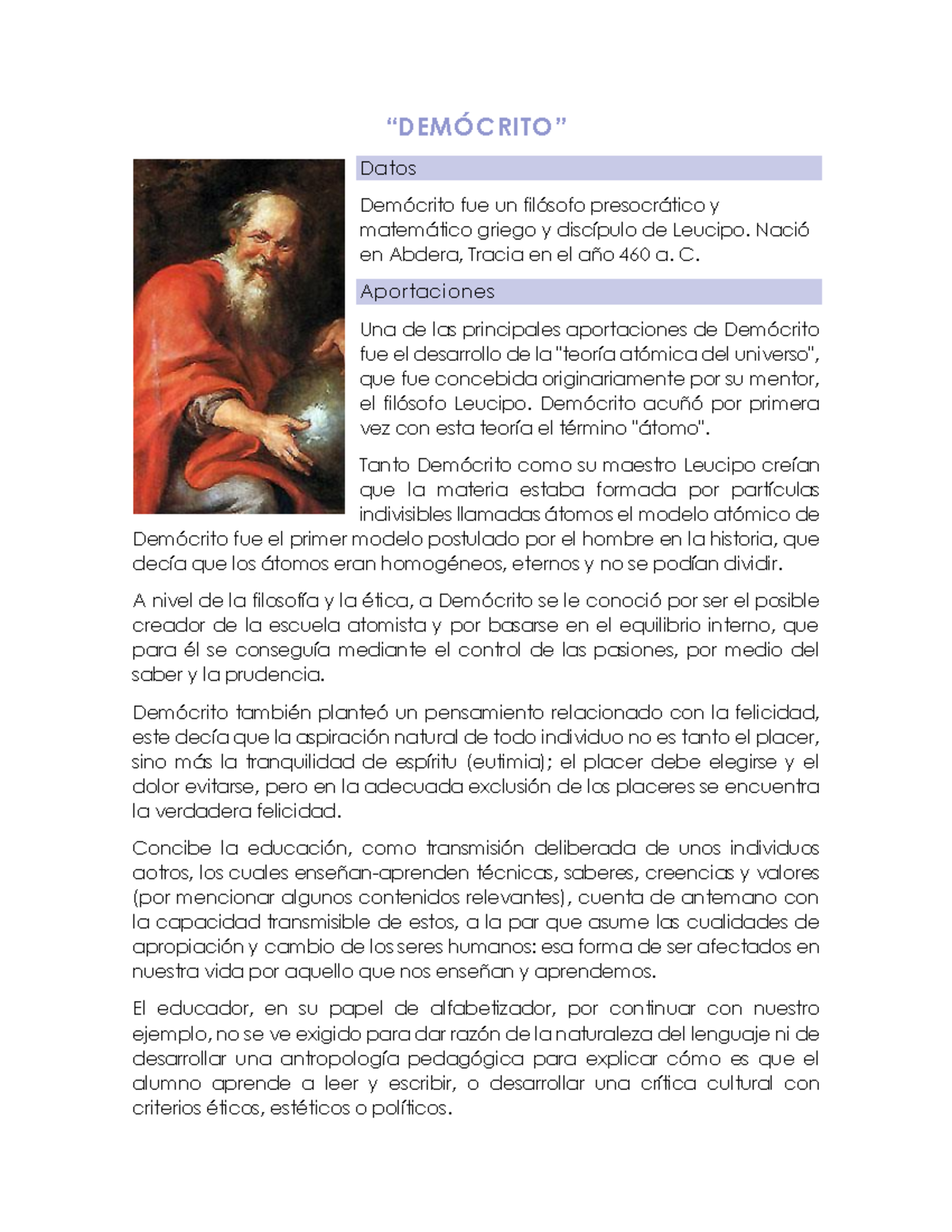Demócrito - “DEMÓCRITO” Datos Demócrito fue un filósofo presocrático y ...