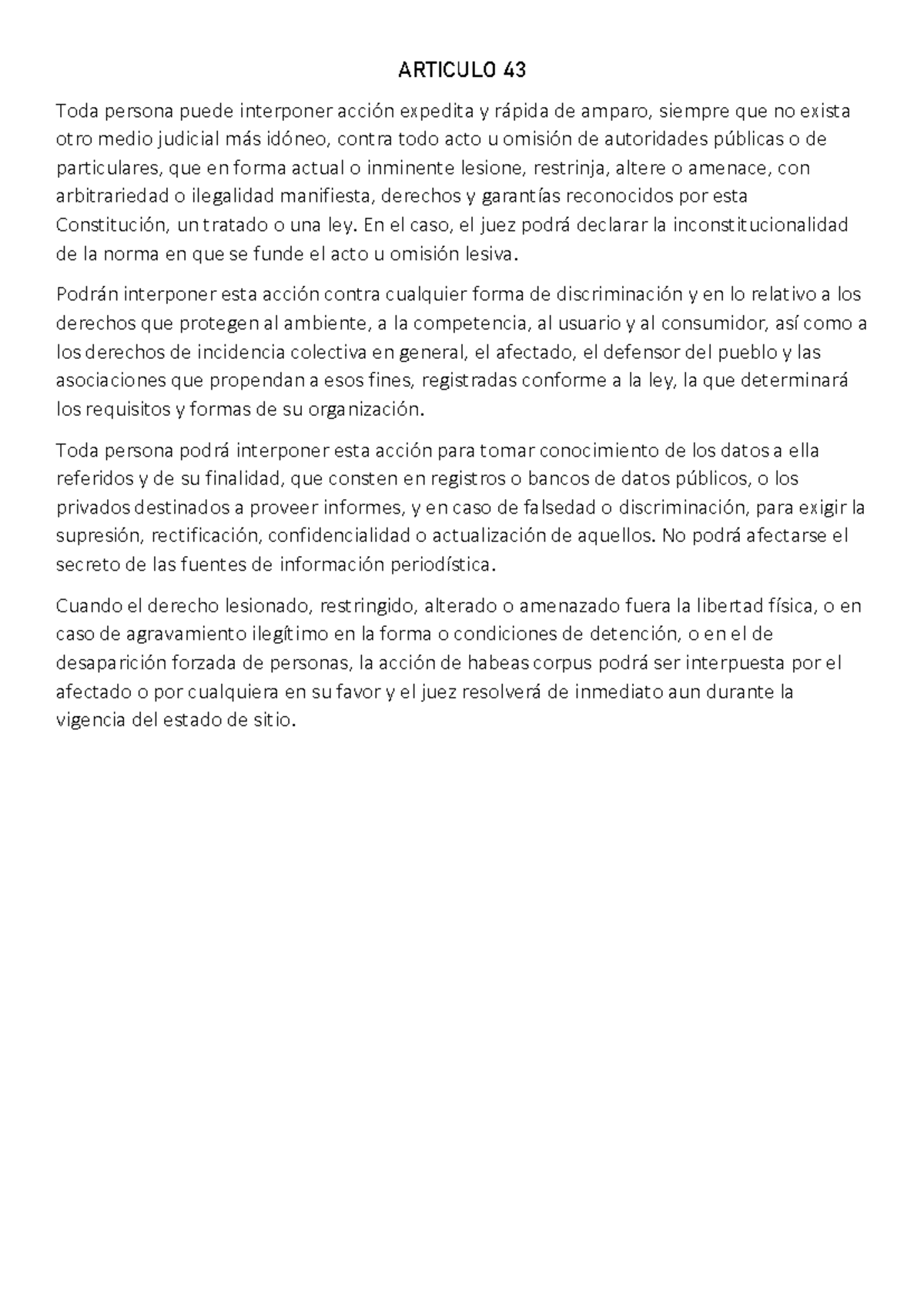 Articulo 43 - trabsjo - ARTICULO 43 Toda persona puede interponer ...