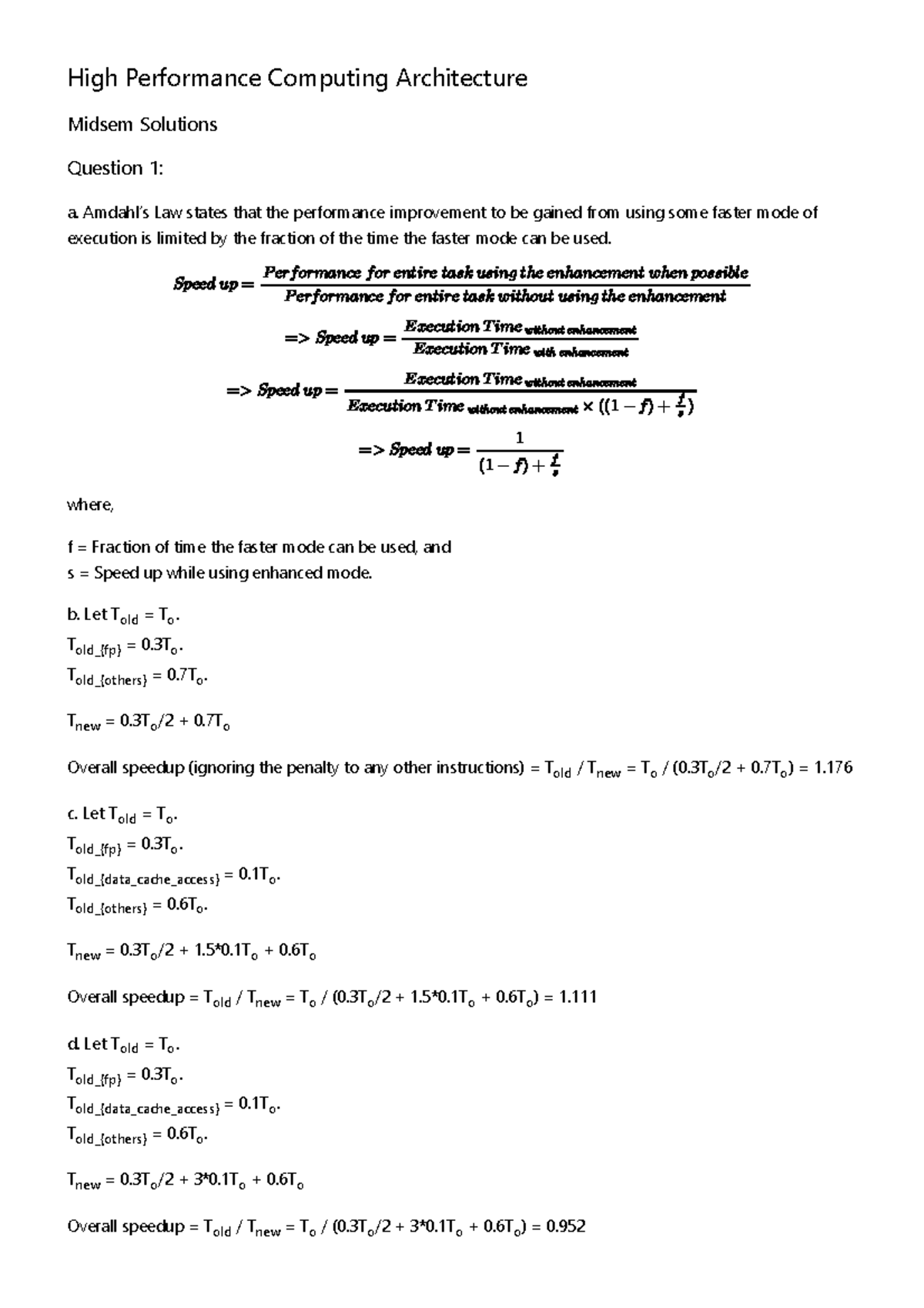 Midsem Solution - aaasdas - High Performance Computing Architecture Midsem Solutions Question 1 ...