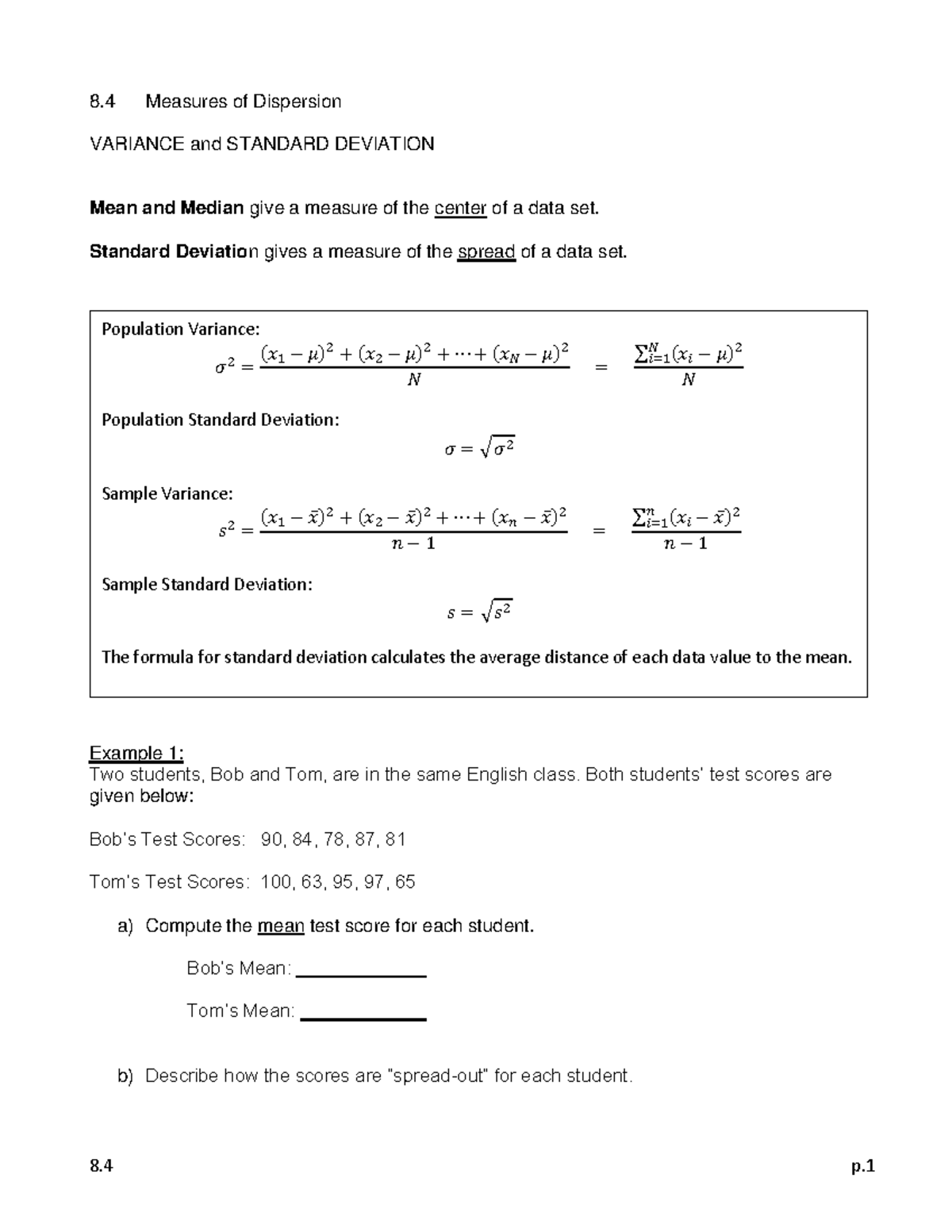 MAT 120 Lecture Notes - 8 Measures of Dispersion VARIANCE and STANDARD ...