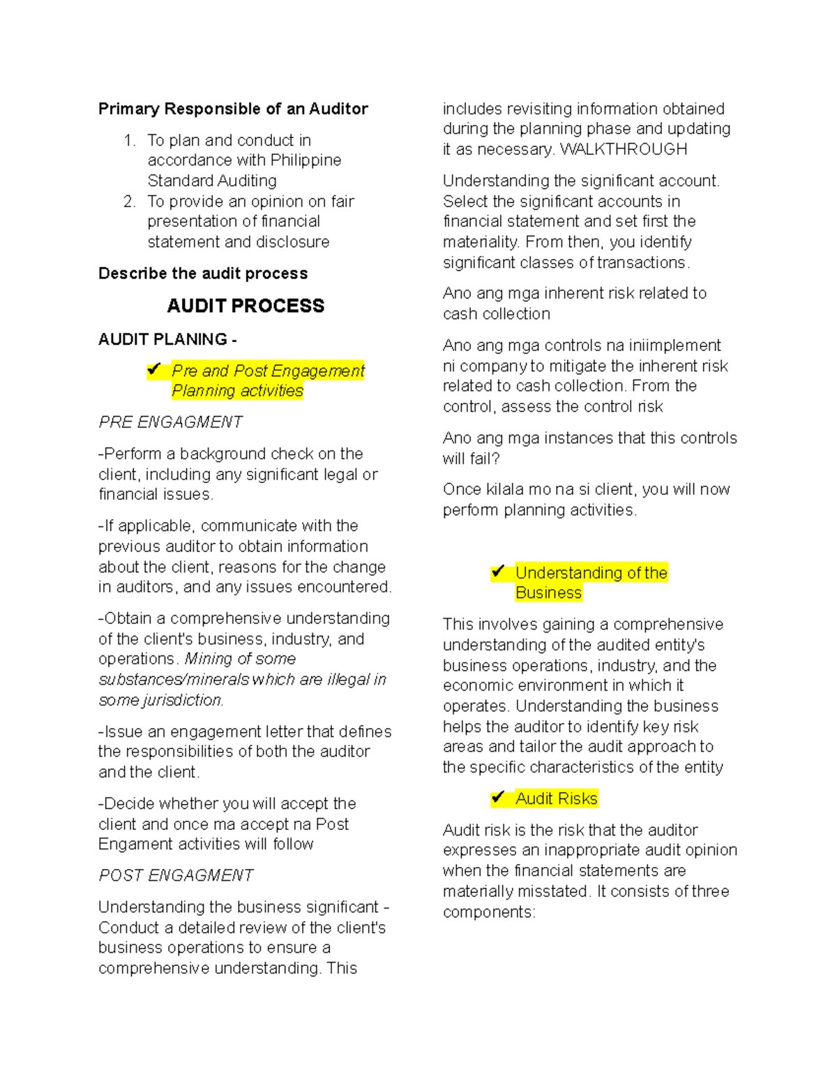 Notes ON Audit Process - Primary Responsible of an Auditor 1. To plan ...