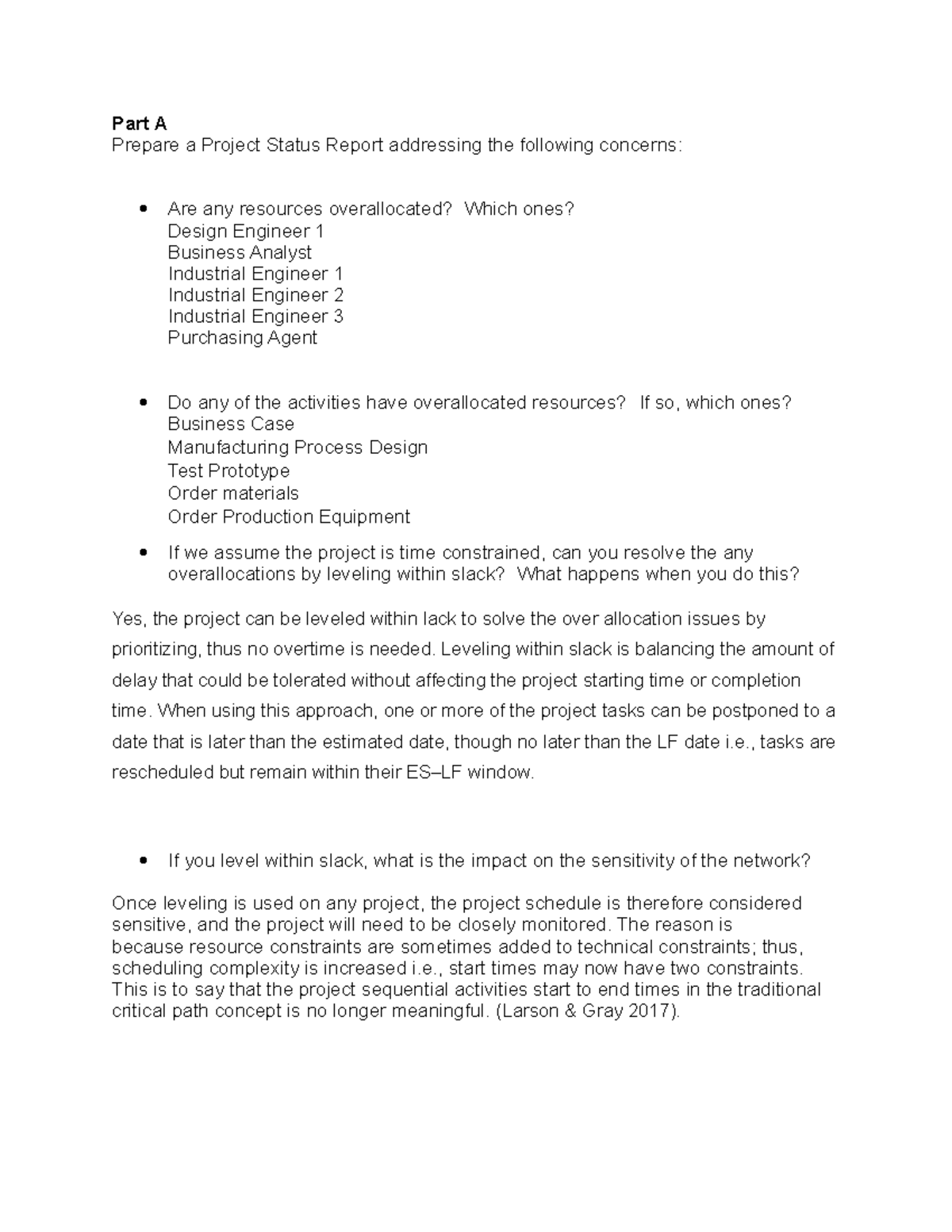 Week 6 Part A - Part A Prepare a Project Status Report addressing the ...