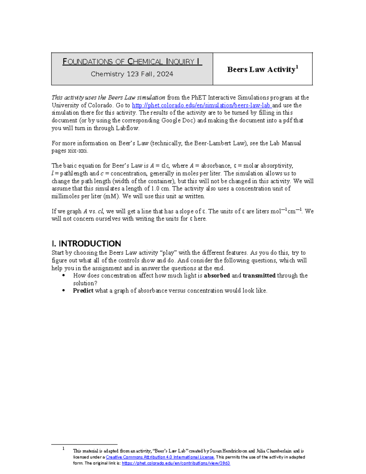 Ph ET Beers Law Activity Handout - FOUNDATIONS OF CHEMICAL INQUIRY I ...