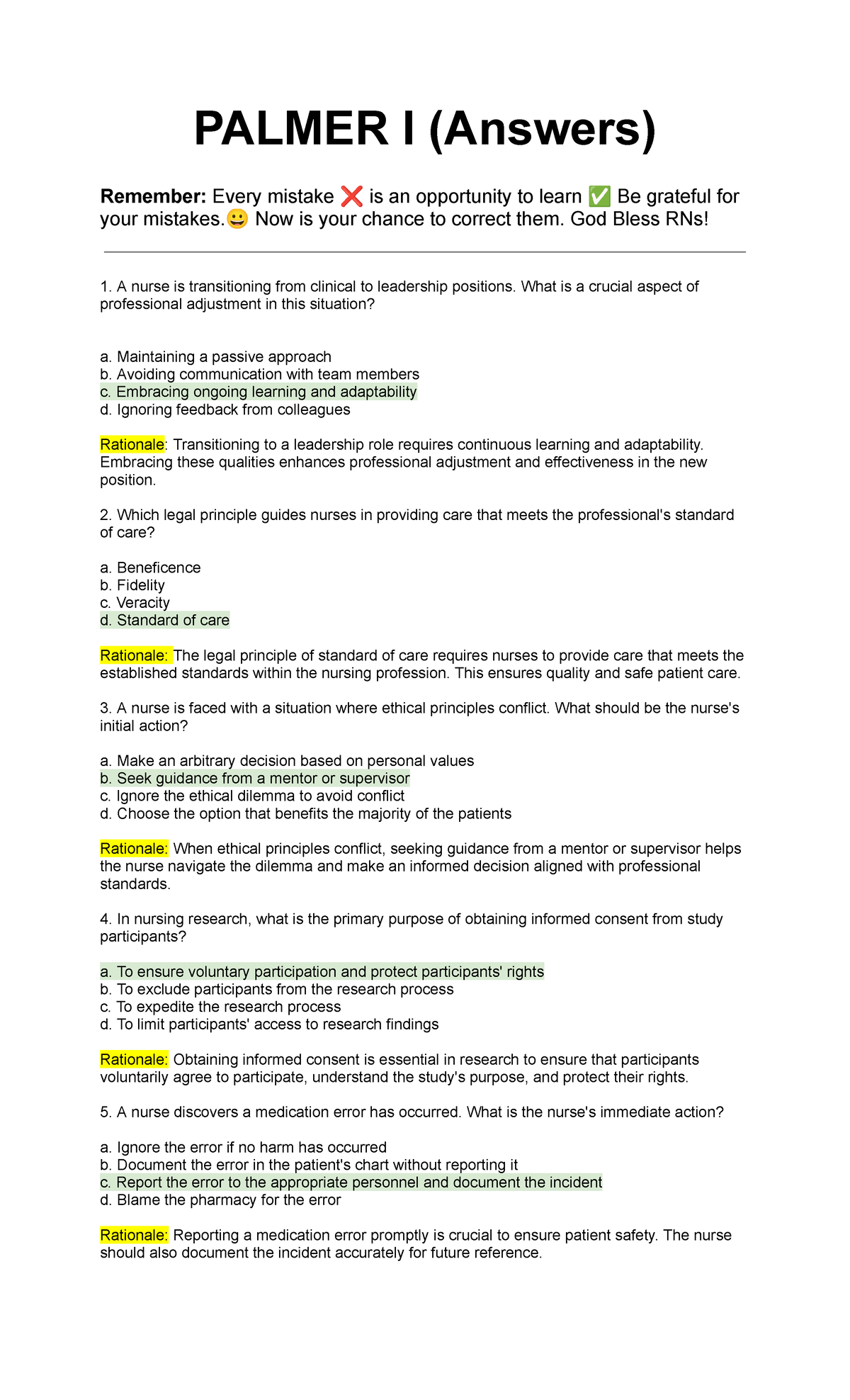 🔑 Palmer I - PALMER I (Answers) Remember: Every mistake is an ...