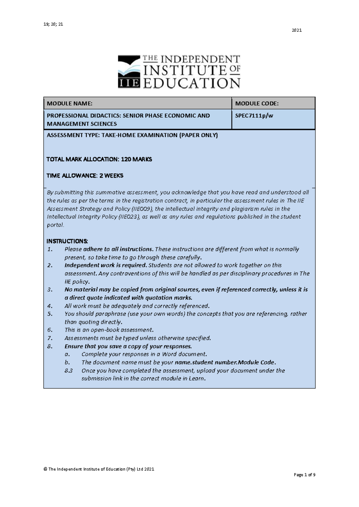 SPEC7111 p Eb - 2021 © The Independent Institute of Education (Pty) Ltd 2021 MODULE NAME: MODULE ...