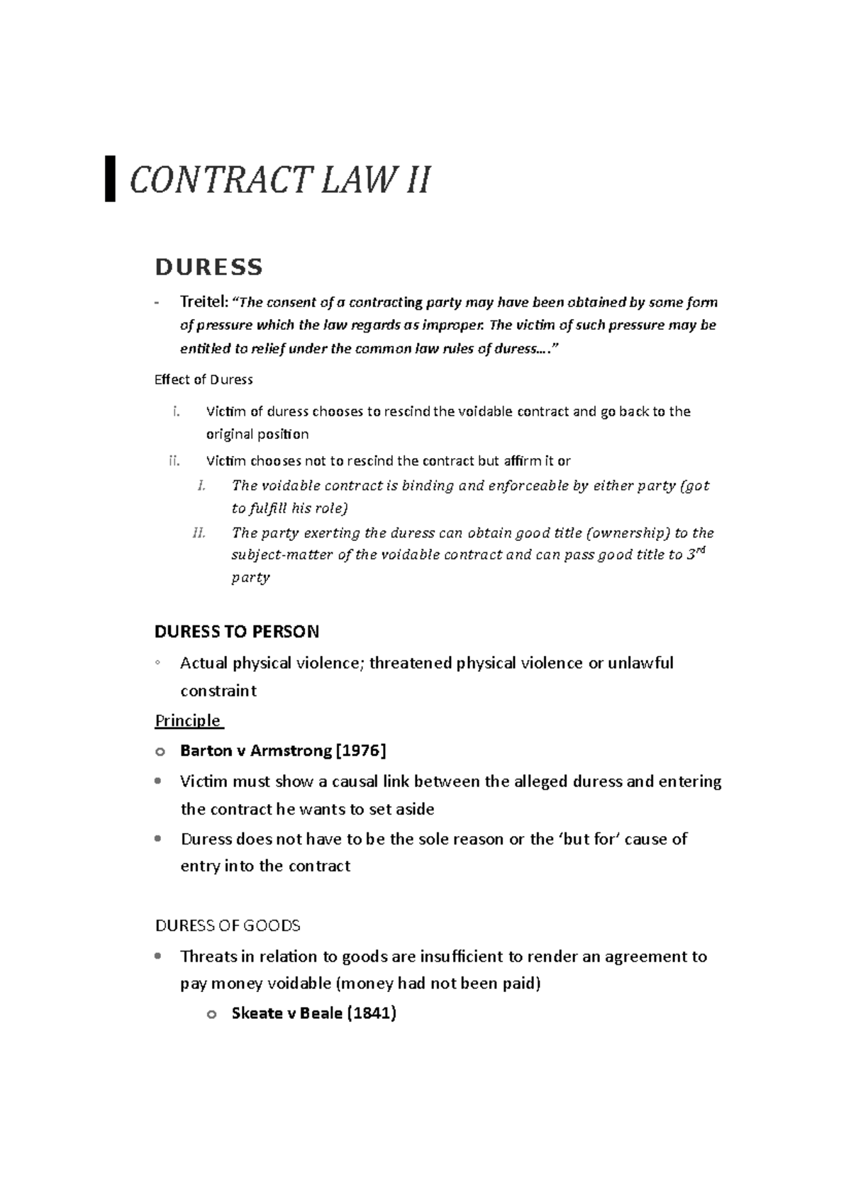 Contract LAW II notes - CONTRACT LAW II DURESS - Treitel: “The consent ...