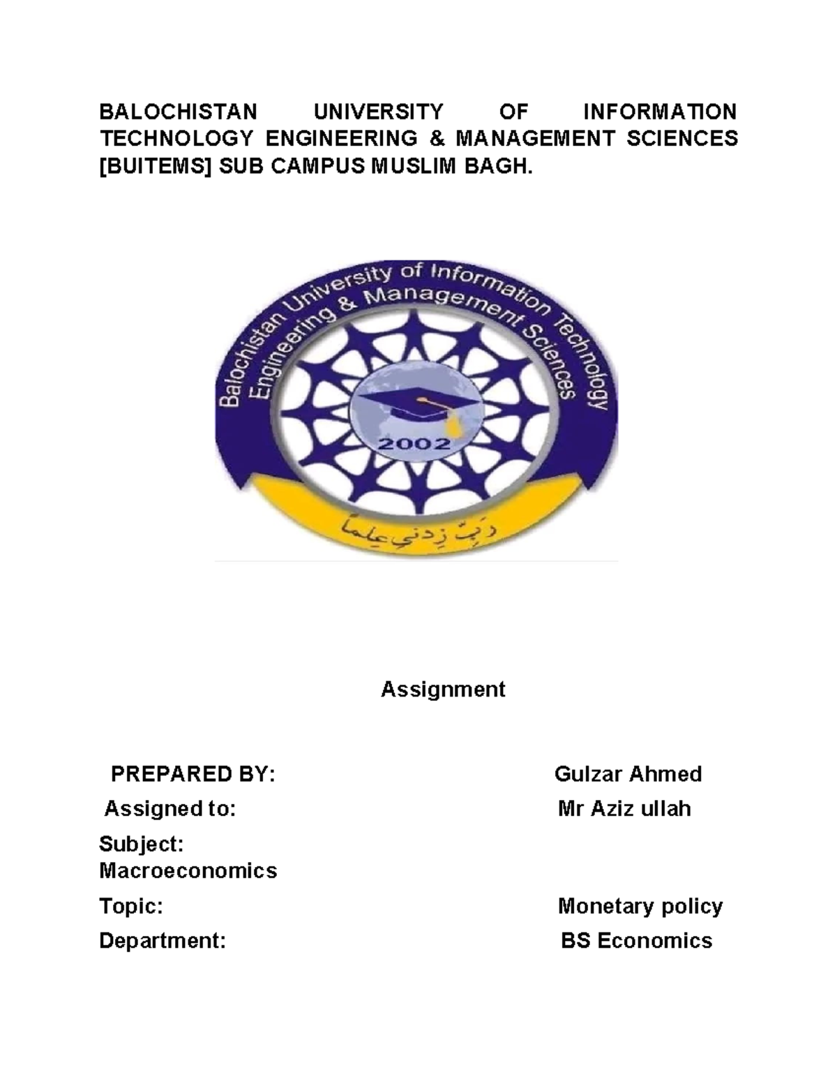 monetary policy - BALOCHISTAN UNIVERSITY OF INFORMATION TECHNOLOGY ...
