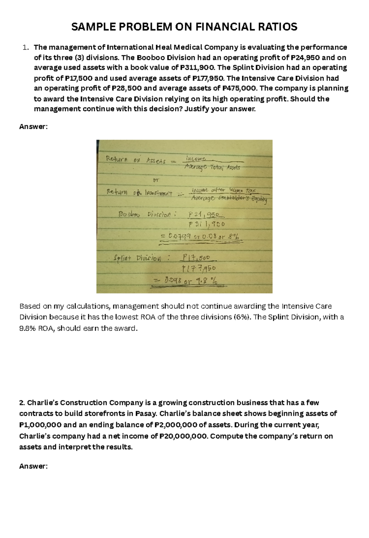 Sample Problem ON Financial Ratios - SAMPLE PROBLEM ON FINANCIAL RATIOS ...