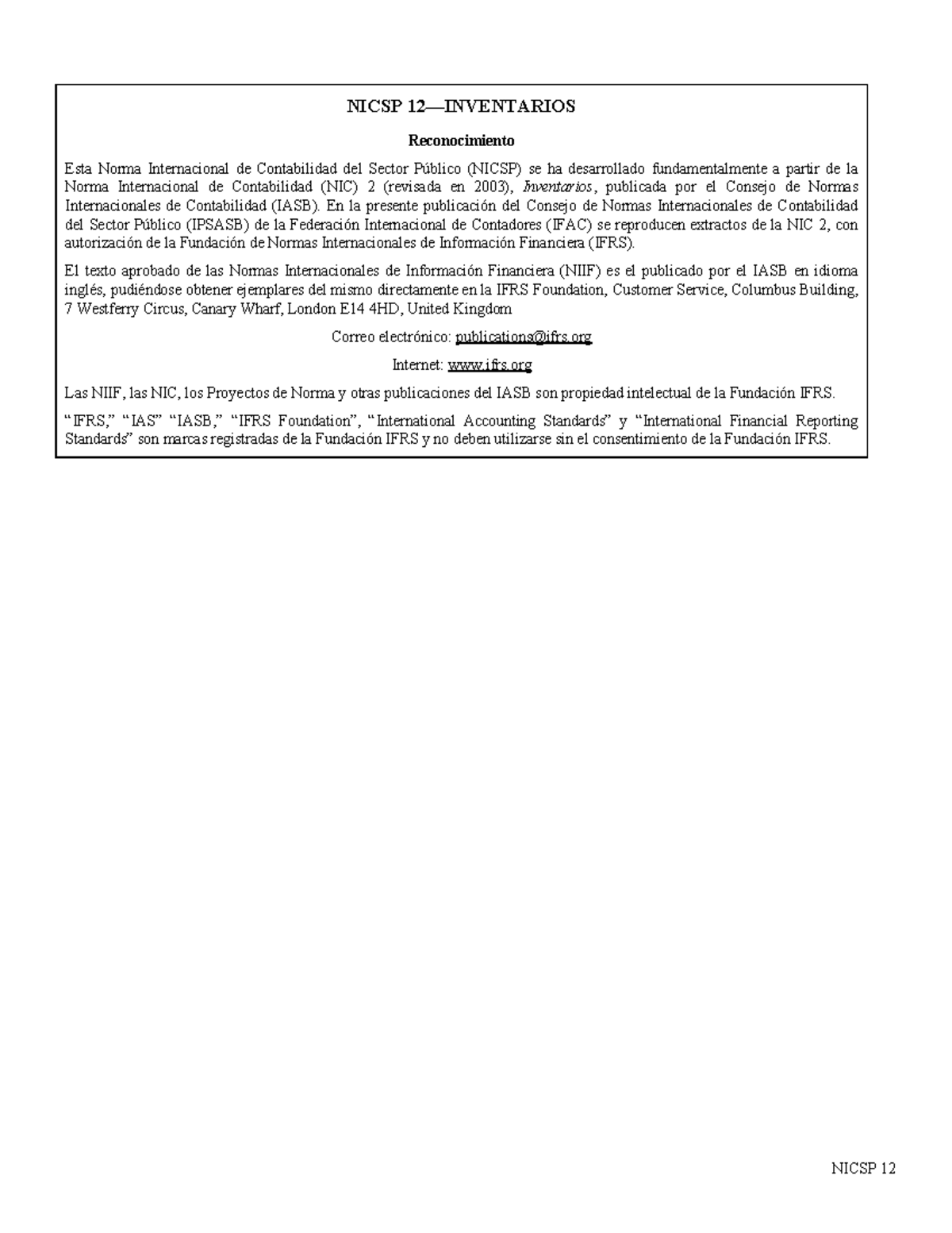 Nicsp 12 2022 - N/A - NICSP 12—INVENTARIOS Reconocimiento Esta Norma ...