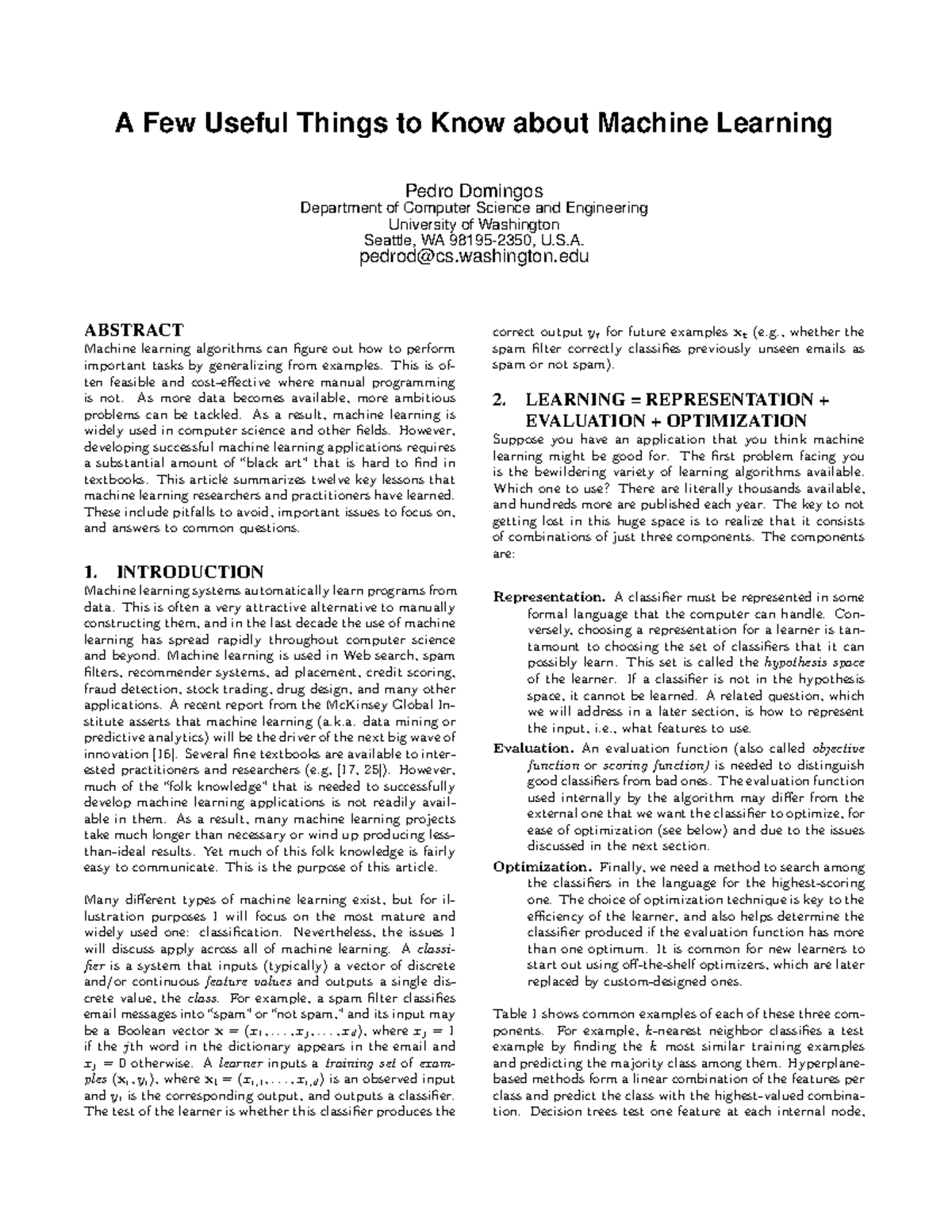 Machine Learning Paper - A Few Useful Things to Know about Machine ...