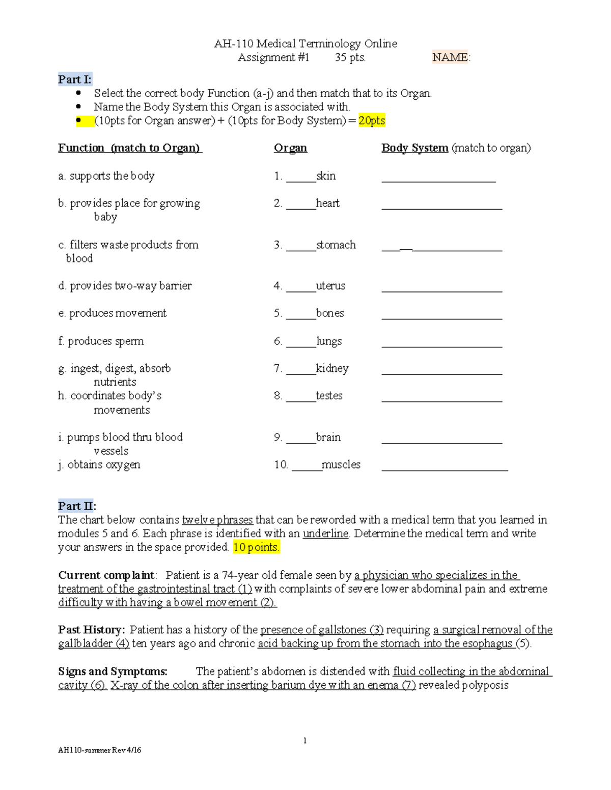 AH Assignment - 1 - AH-110 Medical Terminology Online Assignment #1 35 ...