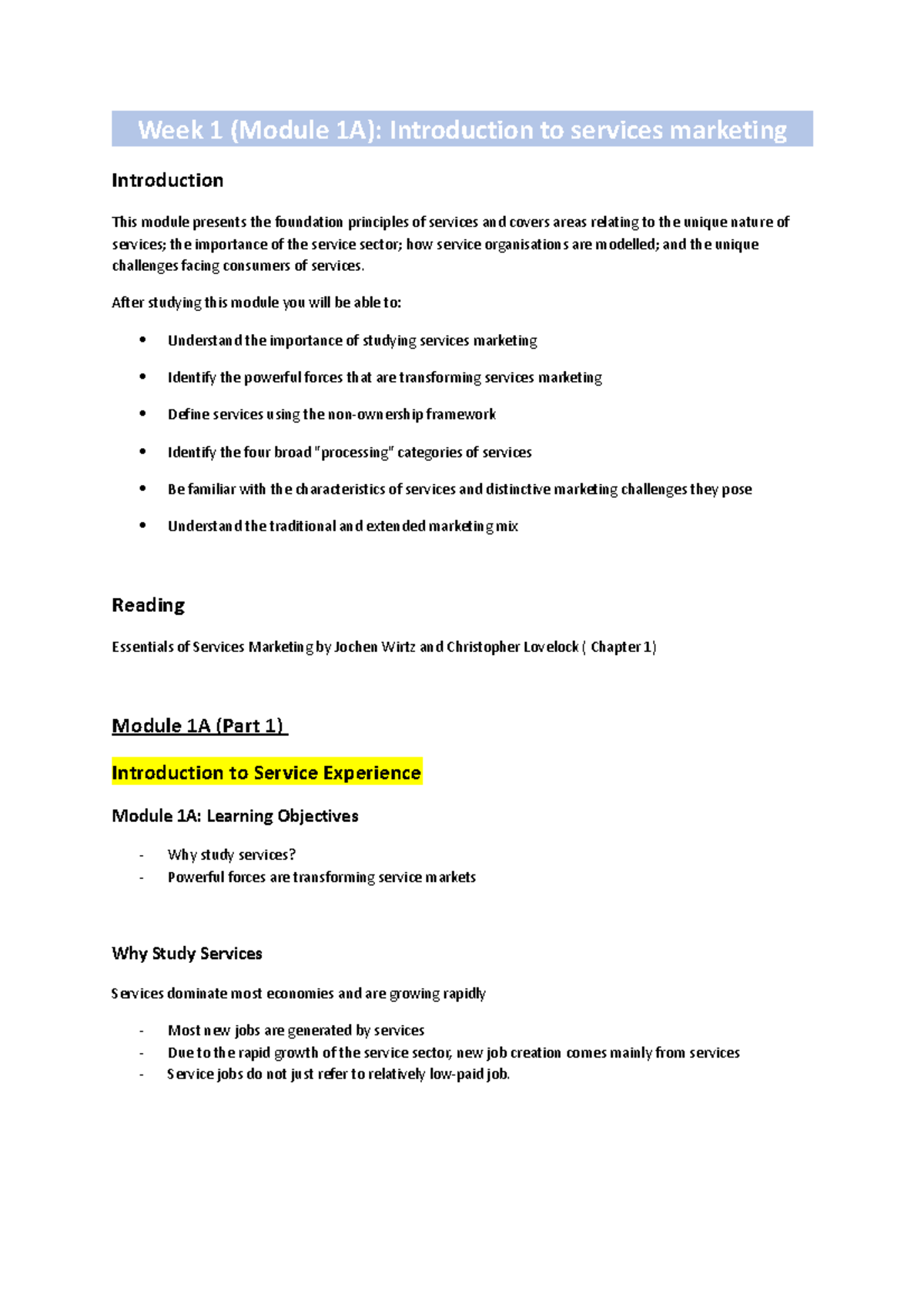 Week 1 (Module 1A)- Introduction to services marketing - Week 1 (Module 1A): Introduction to ...