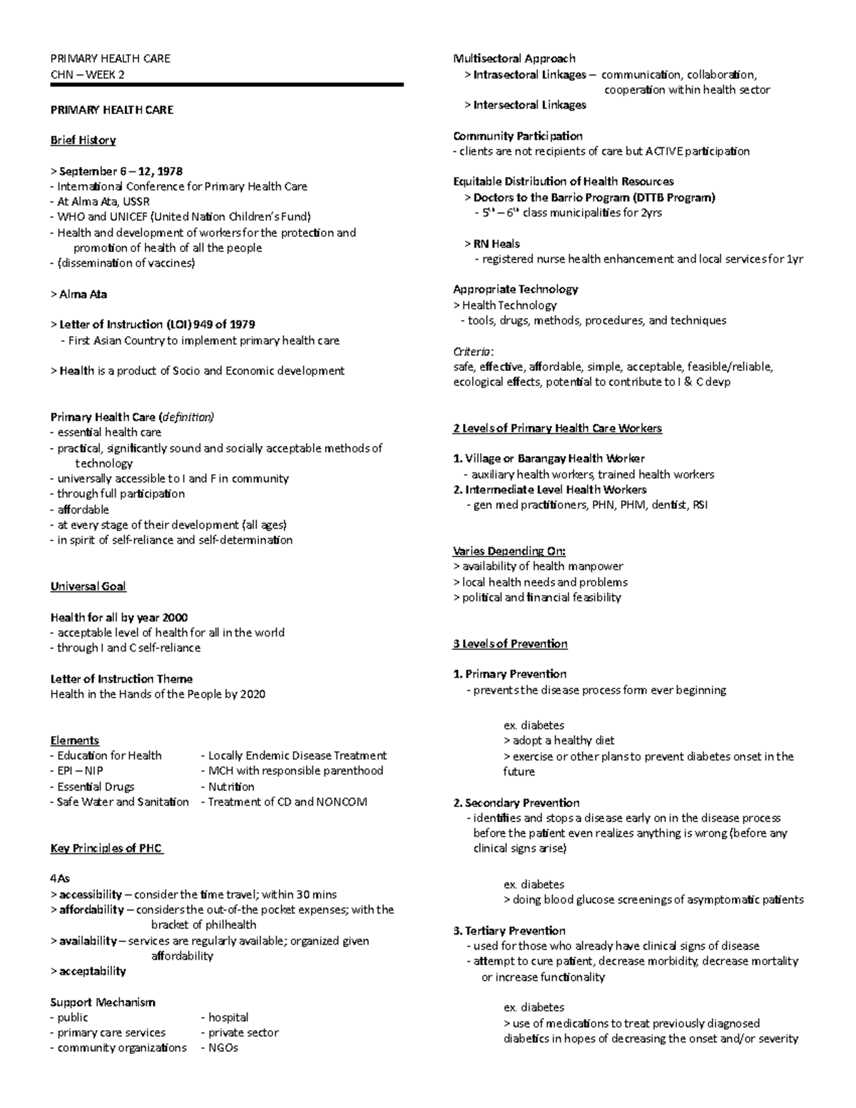 CHN LEC ( Primary Health CARE) - PRIMARY HEALTH CARE CHN – WEEK 2 PRIMARY HEALTH CARE Brief ...