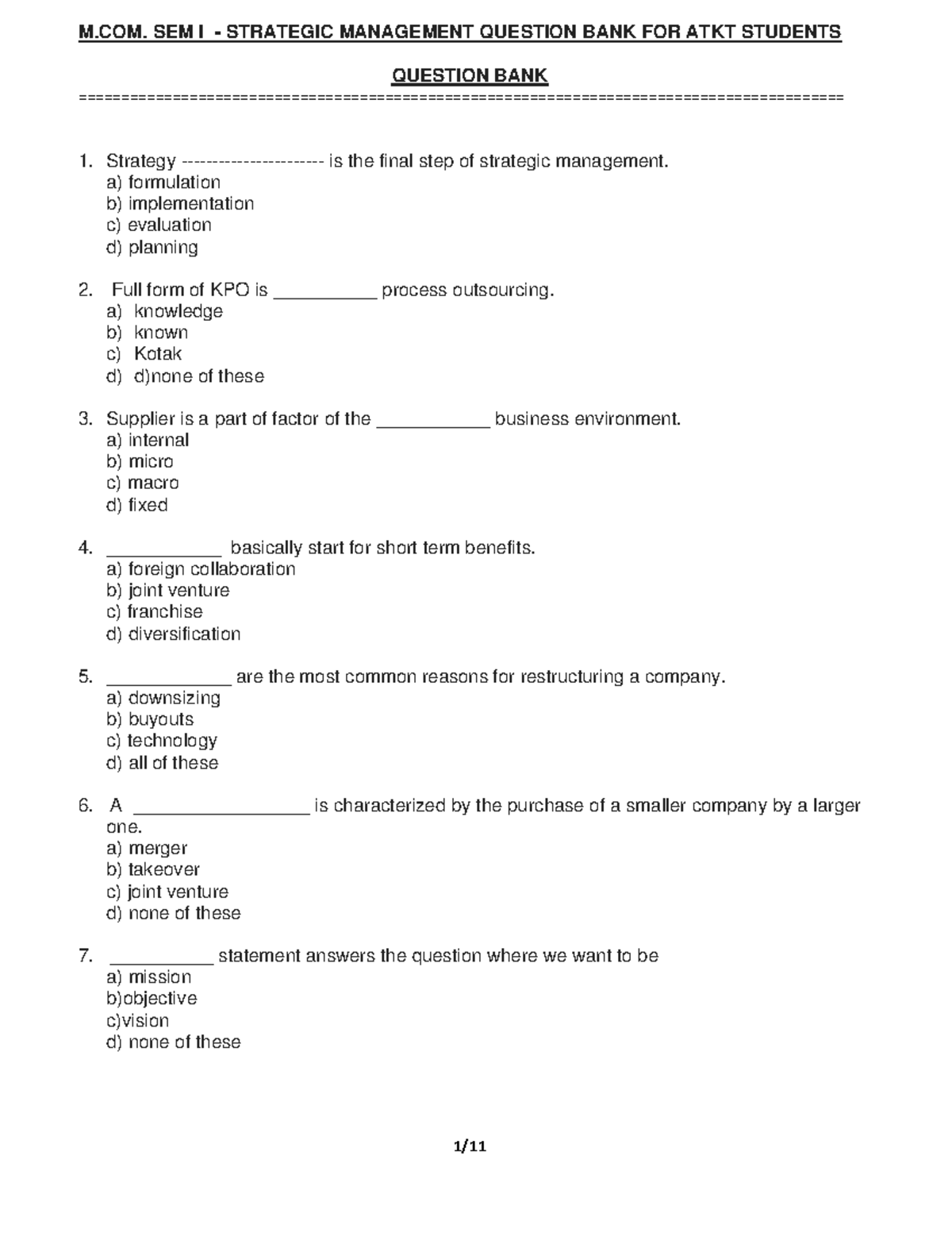 M.COM-Stategic management mcq - QUESTION BANK - Studocu