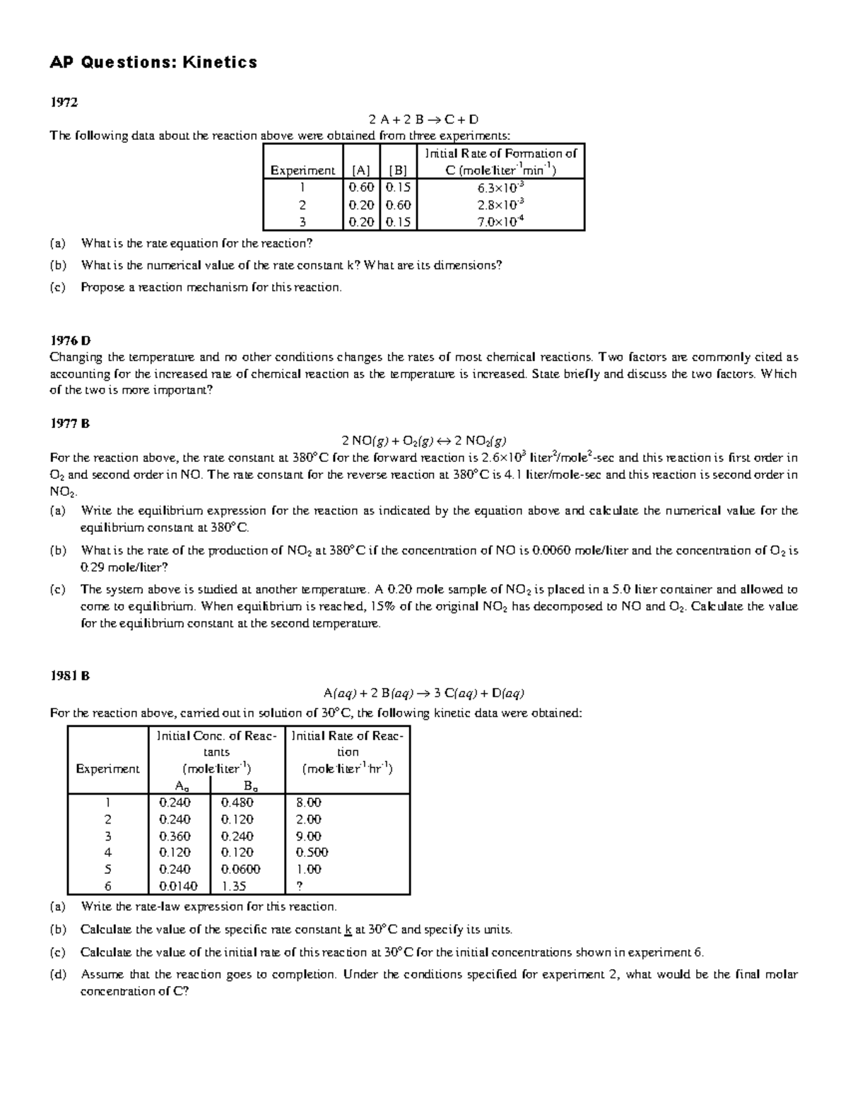 = Kinetics questions 1970 - 2005 cleaned up 1112 - AP Questions ...