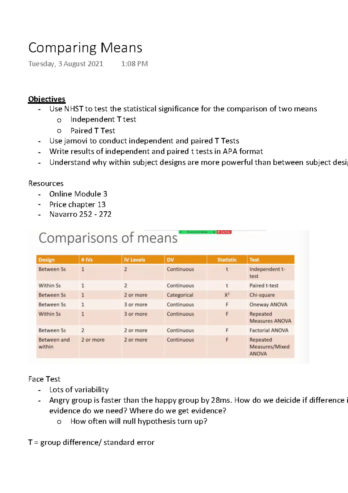 Comparing Means - Objectives Use NHST to test the statistical ...