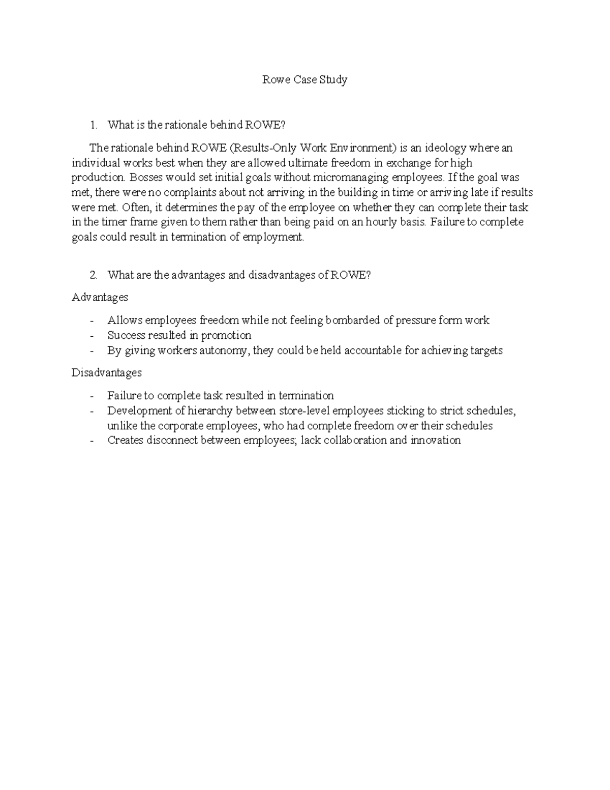 MGMT 2006- Rowe Case Study - Rowe Case Study What is the rationale ...