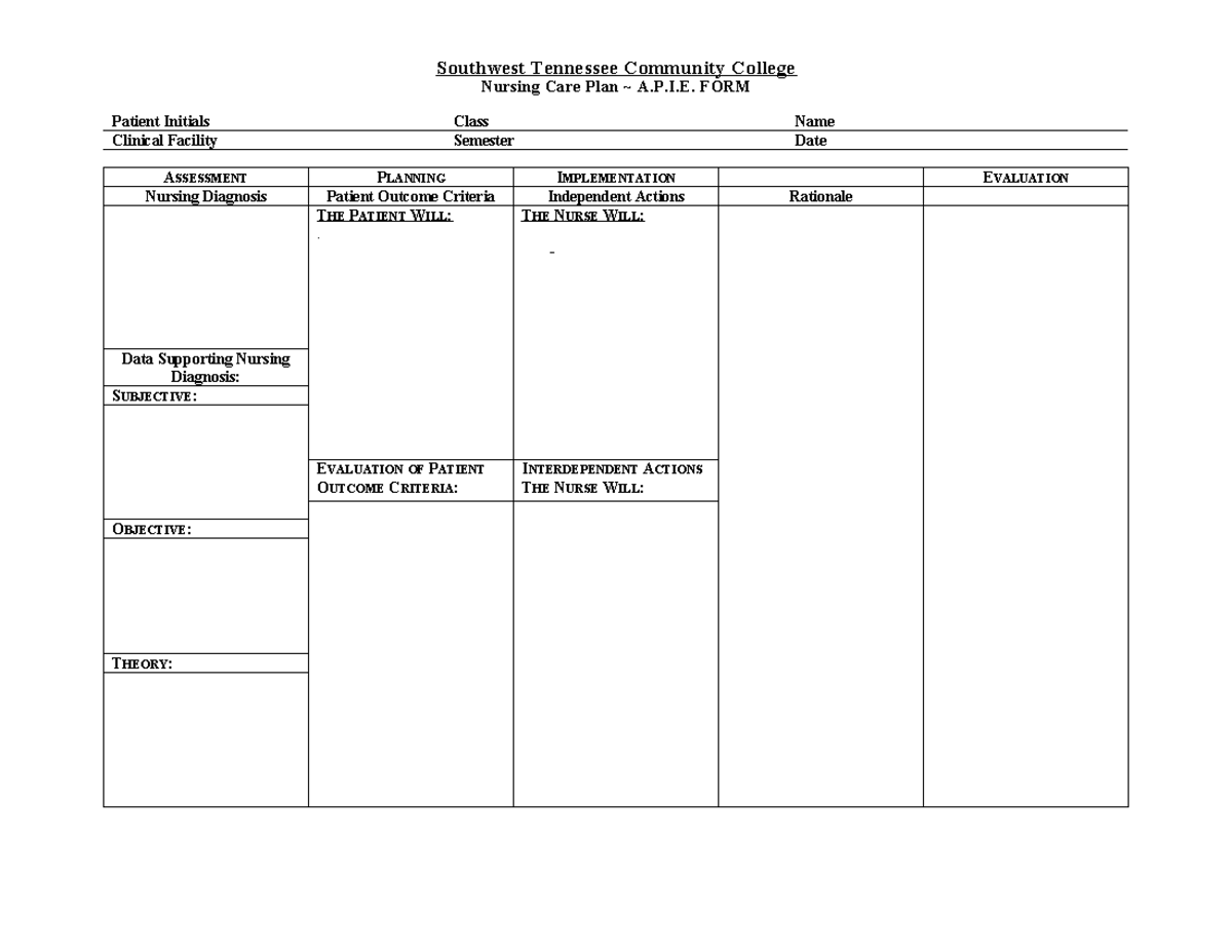 Blank A.P.I.E - apie - NURS 1213 - Southwest Tennessee Community ...