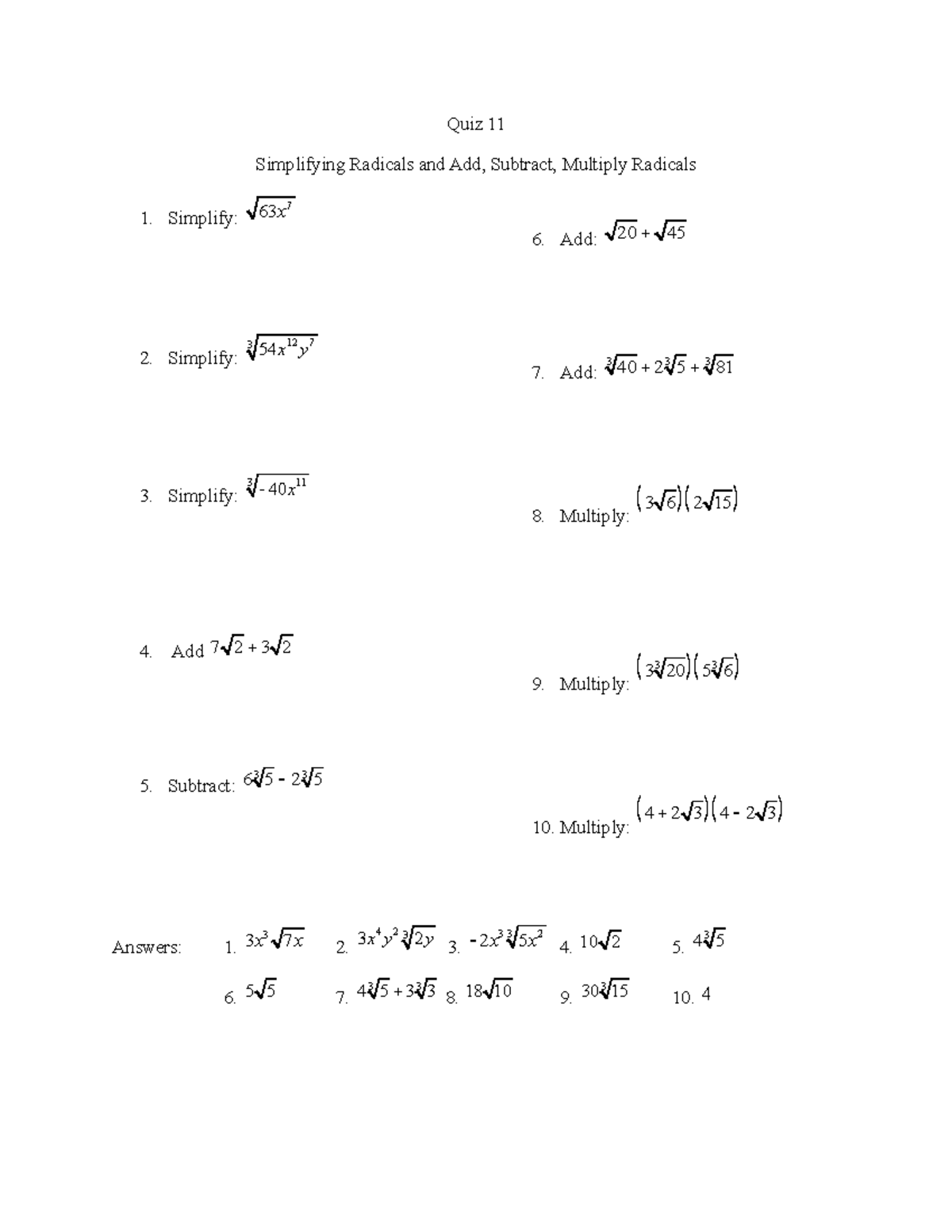 Quiz11 Samples Quiz Quiz 11 Simplifying Radicals And Add Subtract 
