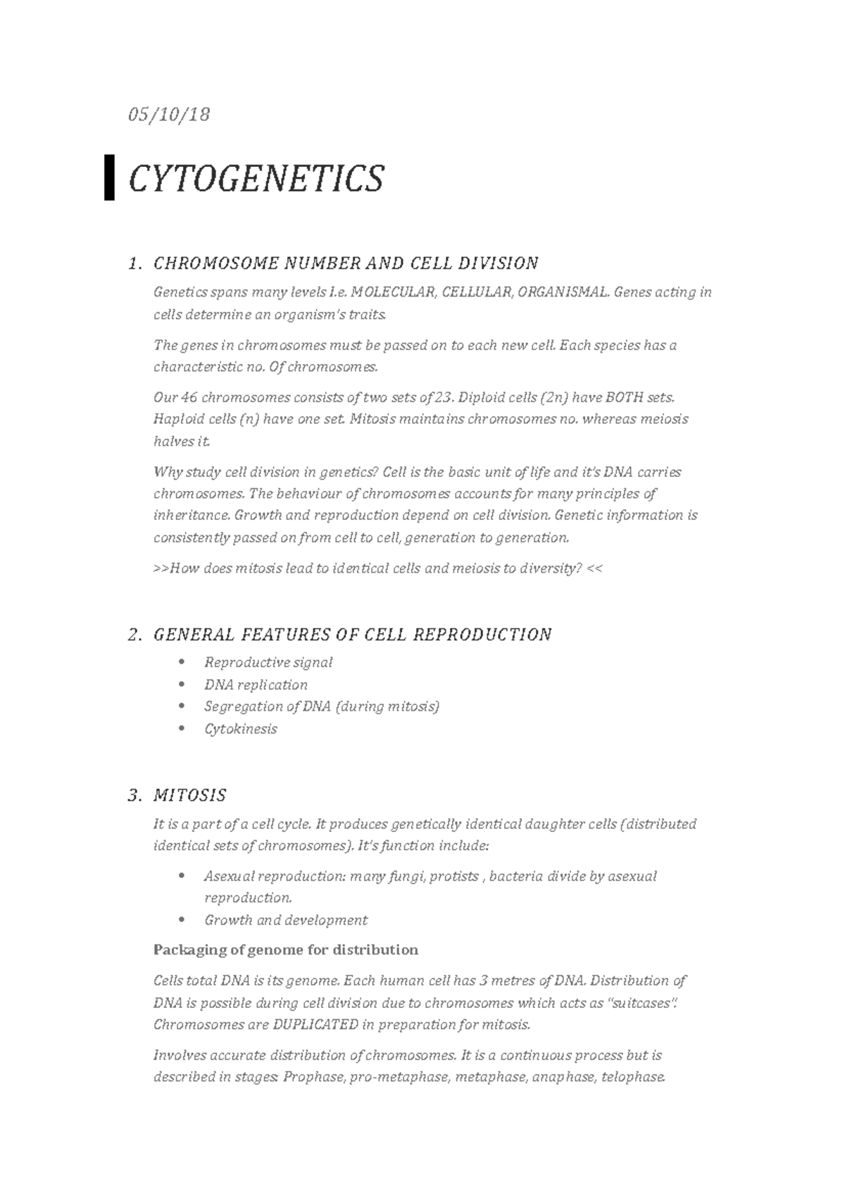 2. Cell division and Mitosis - 05/10/ CYTOGENETICS 1. CHROMOSOME NUMBER ...