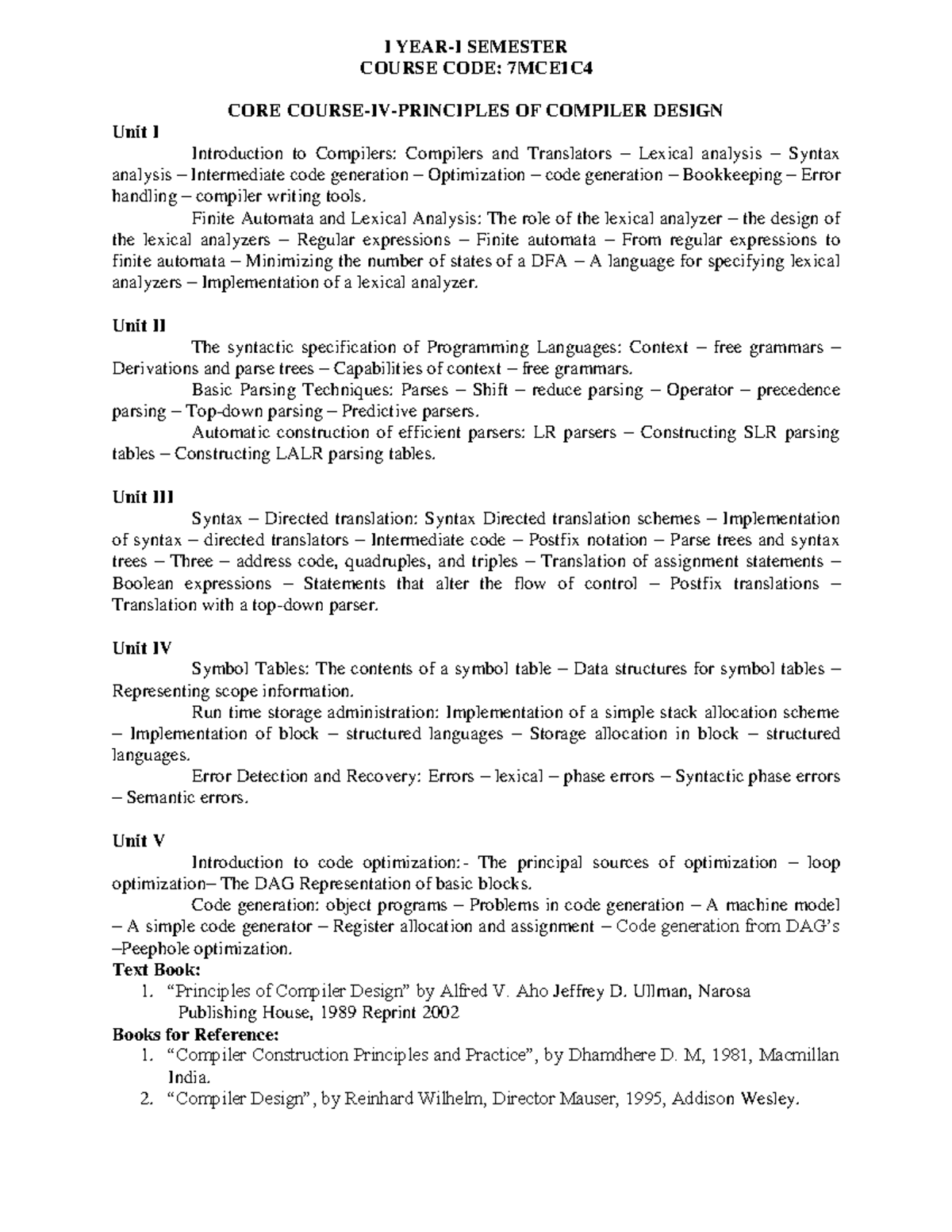 7MCE1C4-Principles of Compiler Design - I YEAR-I SEMESTER COURSE CODE: 7MCE1C CORE - Studocu