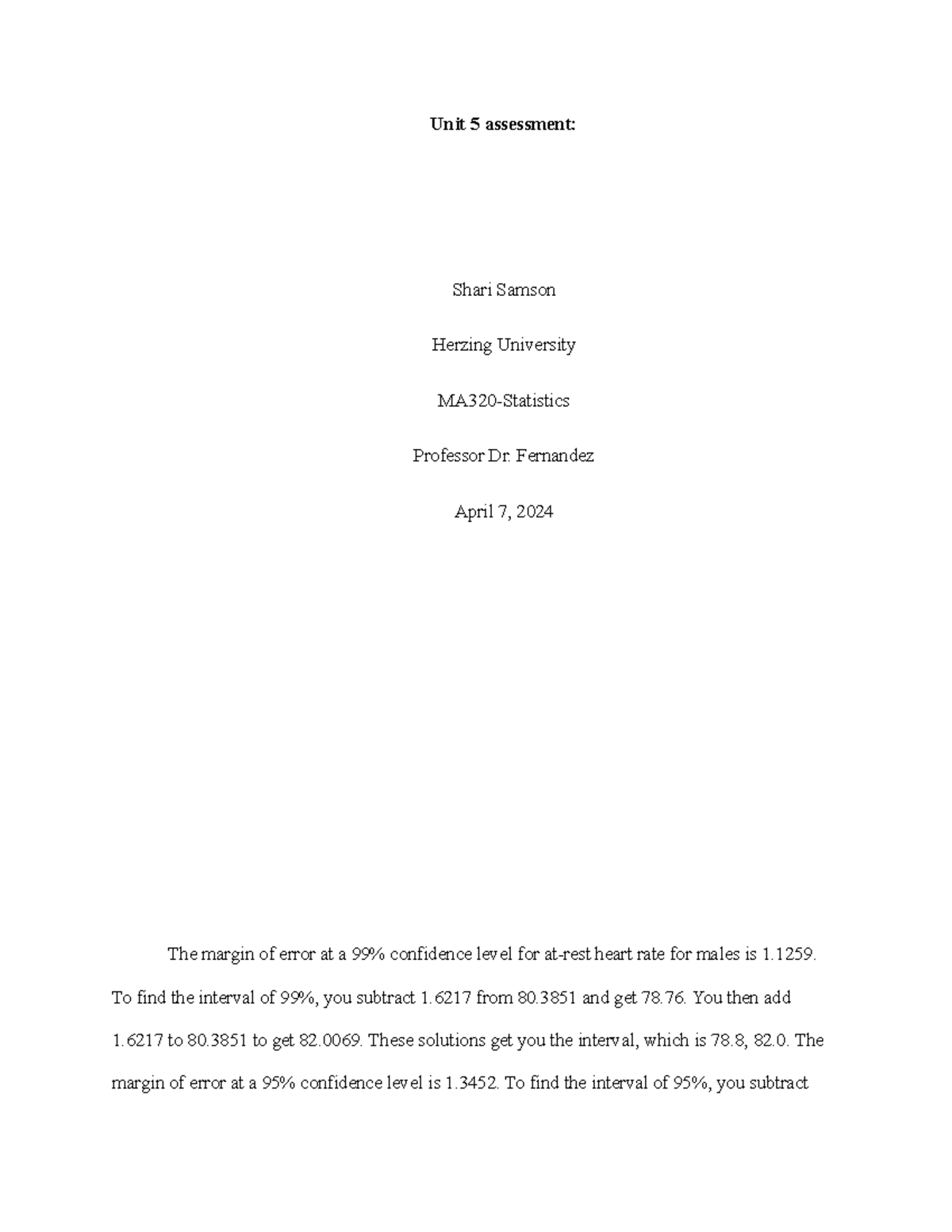 Unit 5 assignment for statistics dr fernandez - Unit 5 assessment ...