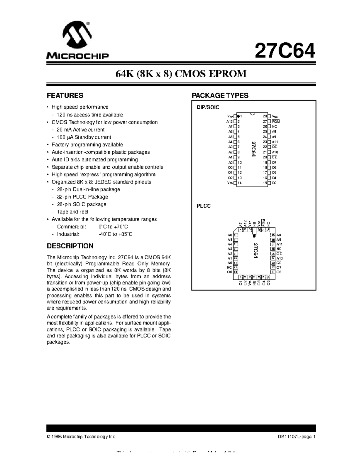 27c64 - Lab - 1996 Microchip Technology Inc. DS11107L-page 1 FEATURES ...