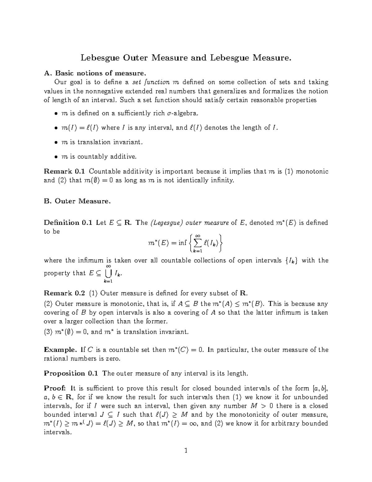 Lecture notes, lecture 3 - Lebesgue Outer Measure and Lebesgue Measure ...