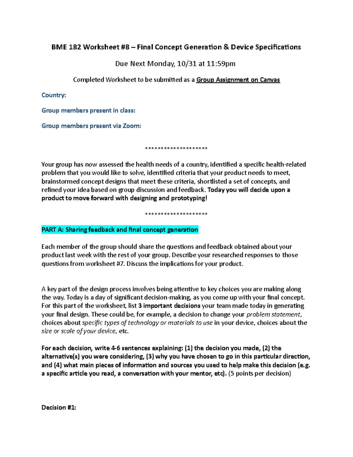 F22 Worksheet #8 - good practice material - BME 182 Worksheet #8 ...