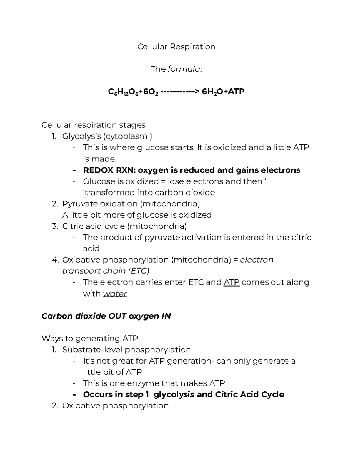Oct - Professor Deimeke Notes - Cellular Respiration The formula: C 6 H ...