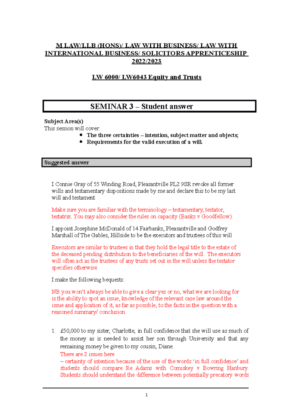 Sem 3 student answer - M LAW/LLB (HONS)/ LAW WITH BUSINESS/ LAW WITH ...