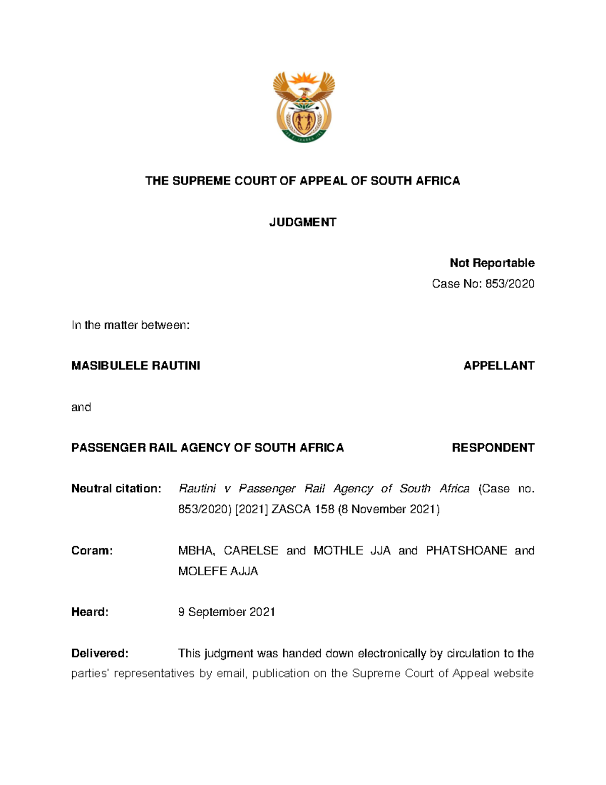 Case for Assignment 1 - Case Law - THE SUPREME COURT OF APPEAL OF SOUTH ...