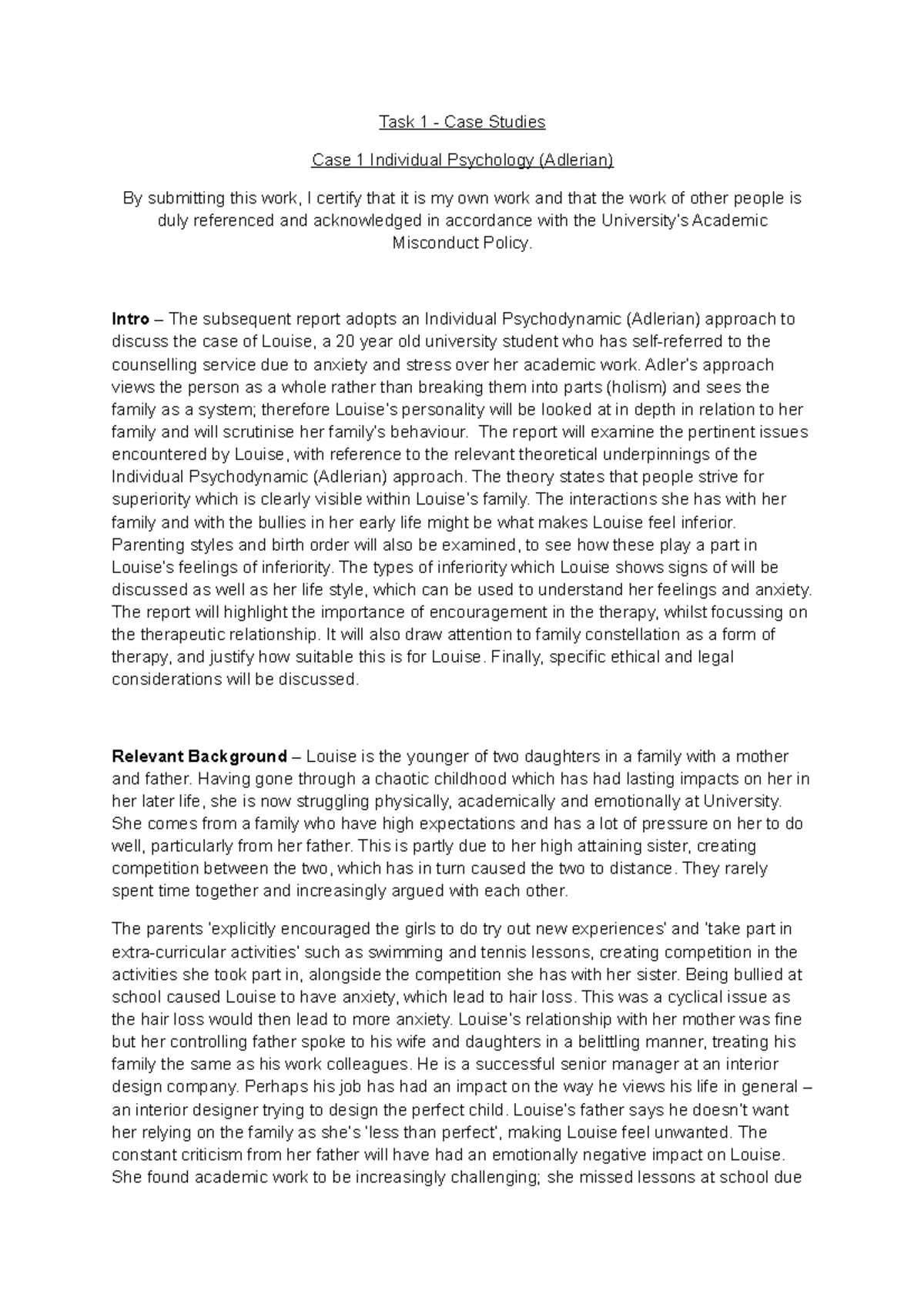 Task 1 - Case Studies - Case 1 Individual Psychology (Adlerian) - Intro ...